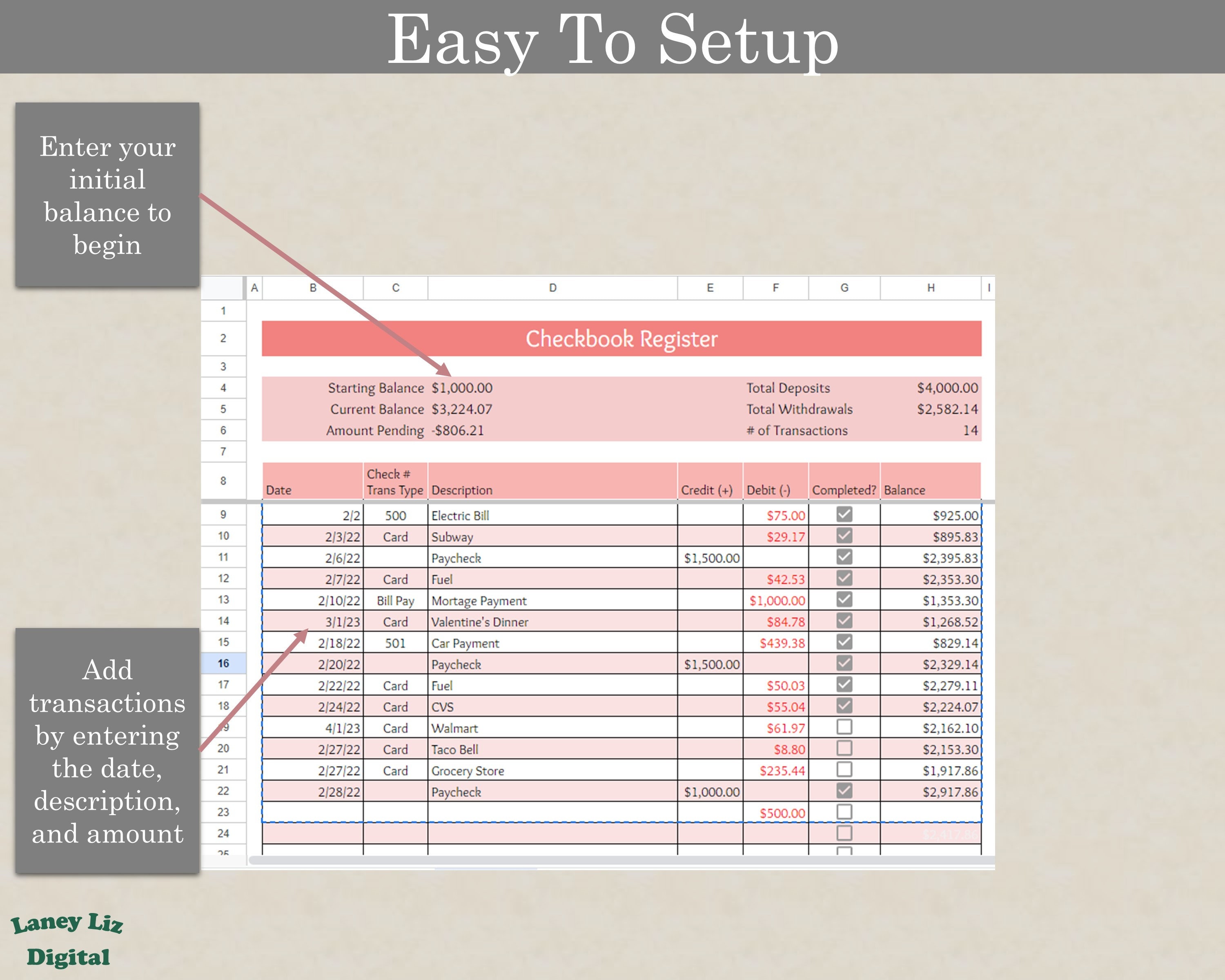 Digital Checkbook Register - Google Sheets | Checkbook Template - Etsy