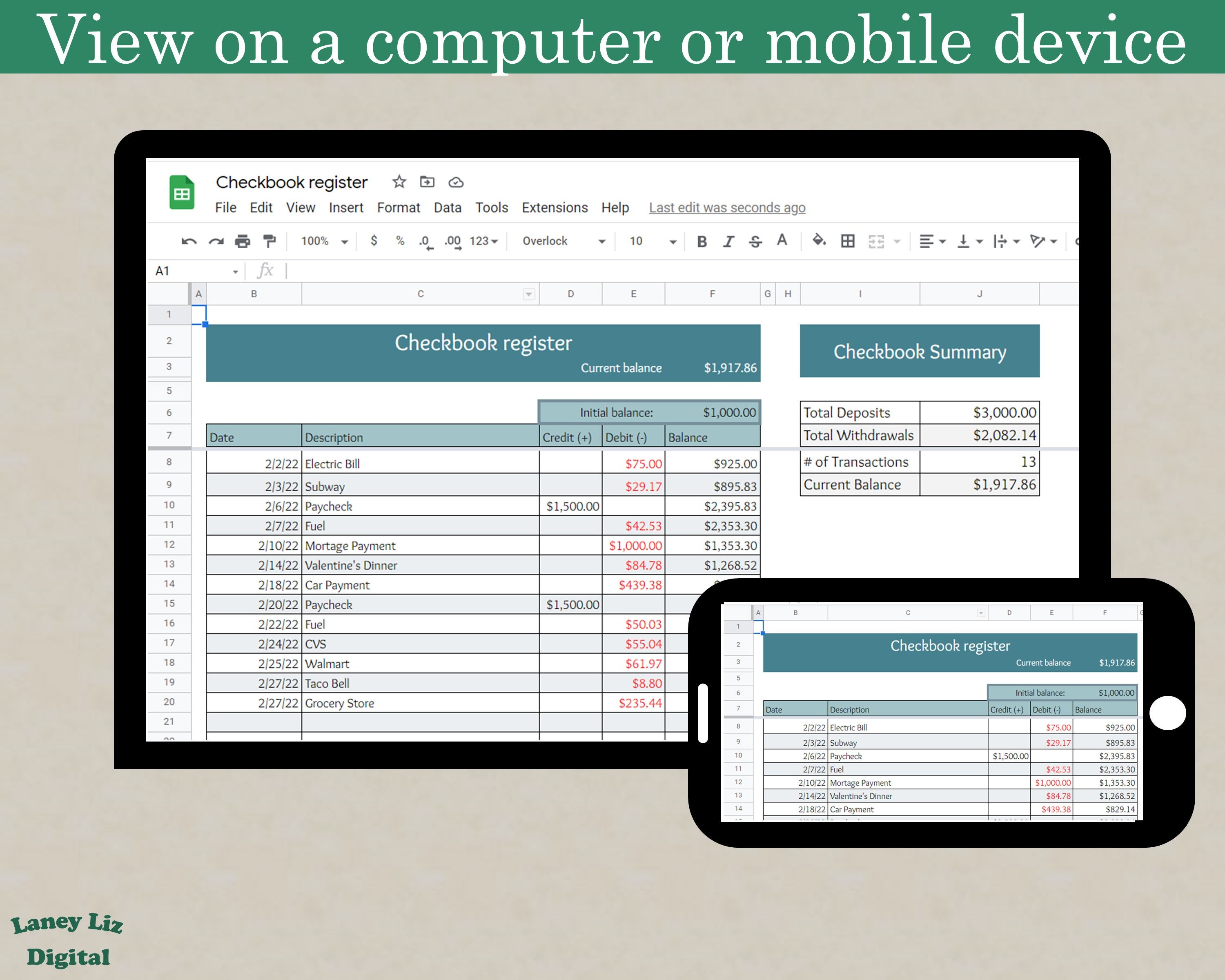 Digital Checkbook Register Google Sheets Checkbook - Etsy