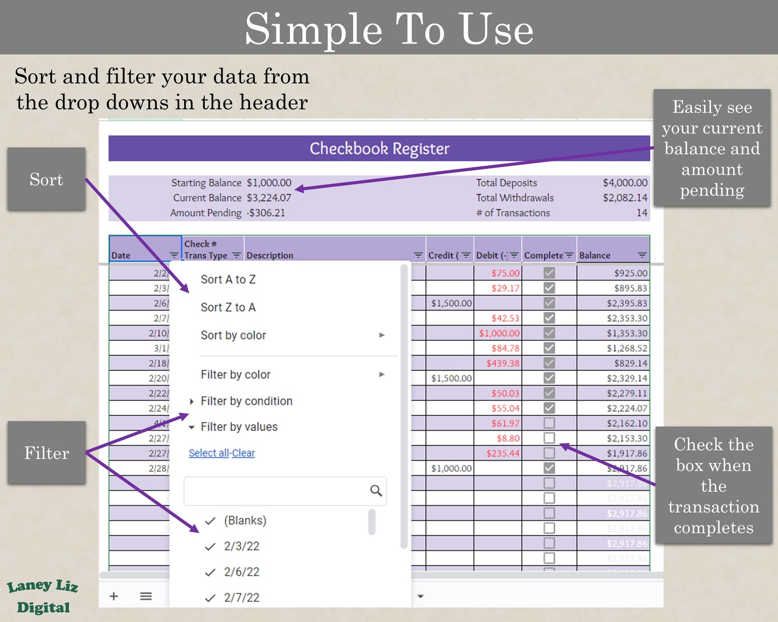 Digital Checkbook Register - Google Sheets | Checkbook Template - Etsy