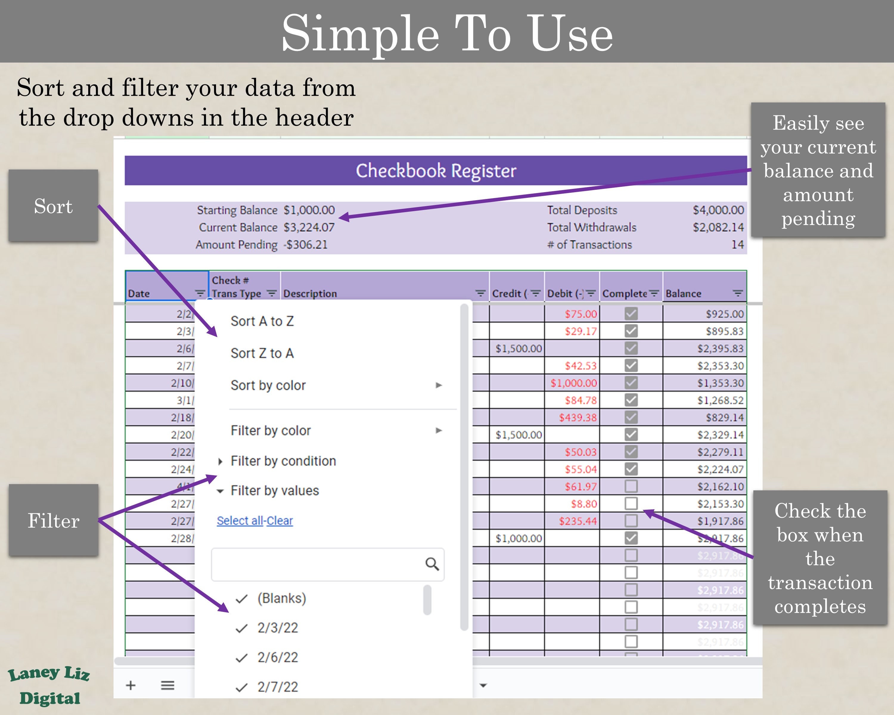 Digital Checkbook Register - Google Sheets | Checkbook Template - Etsy