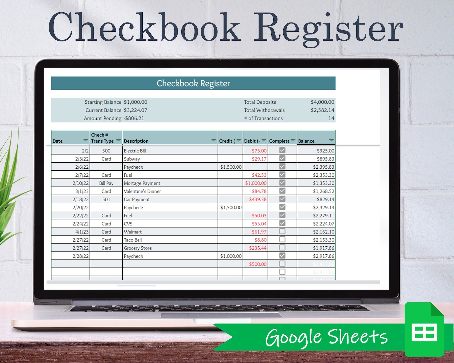 Digital Checkbook Register - Google Sheets | Checkbook Template - Etsy