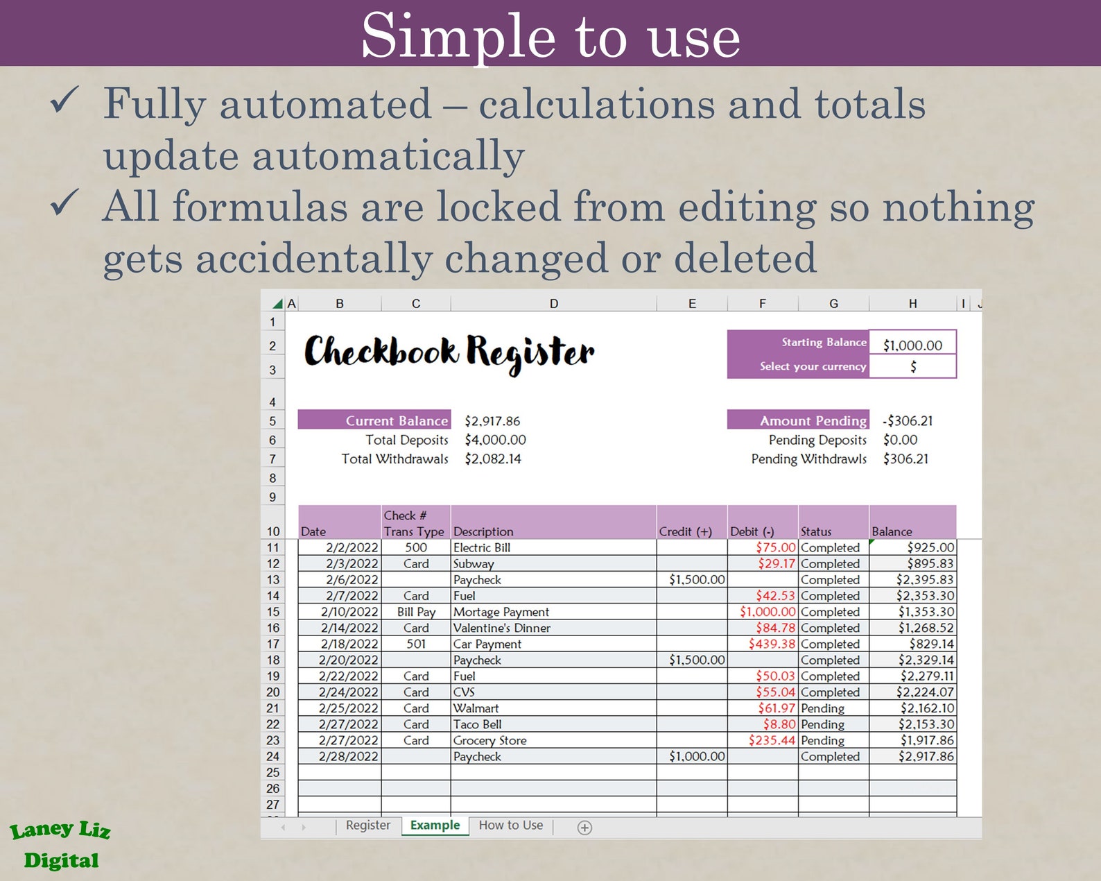 Digital Checkbook Register - MS Excel | Checkbook Template - Etsy