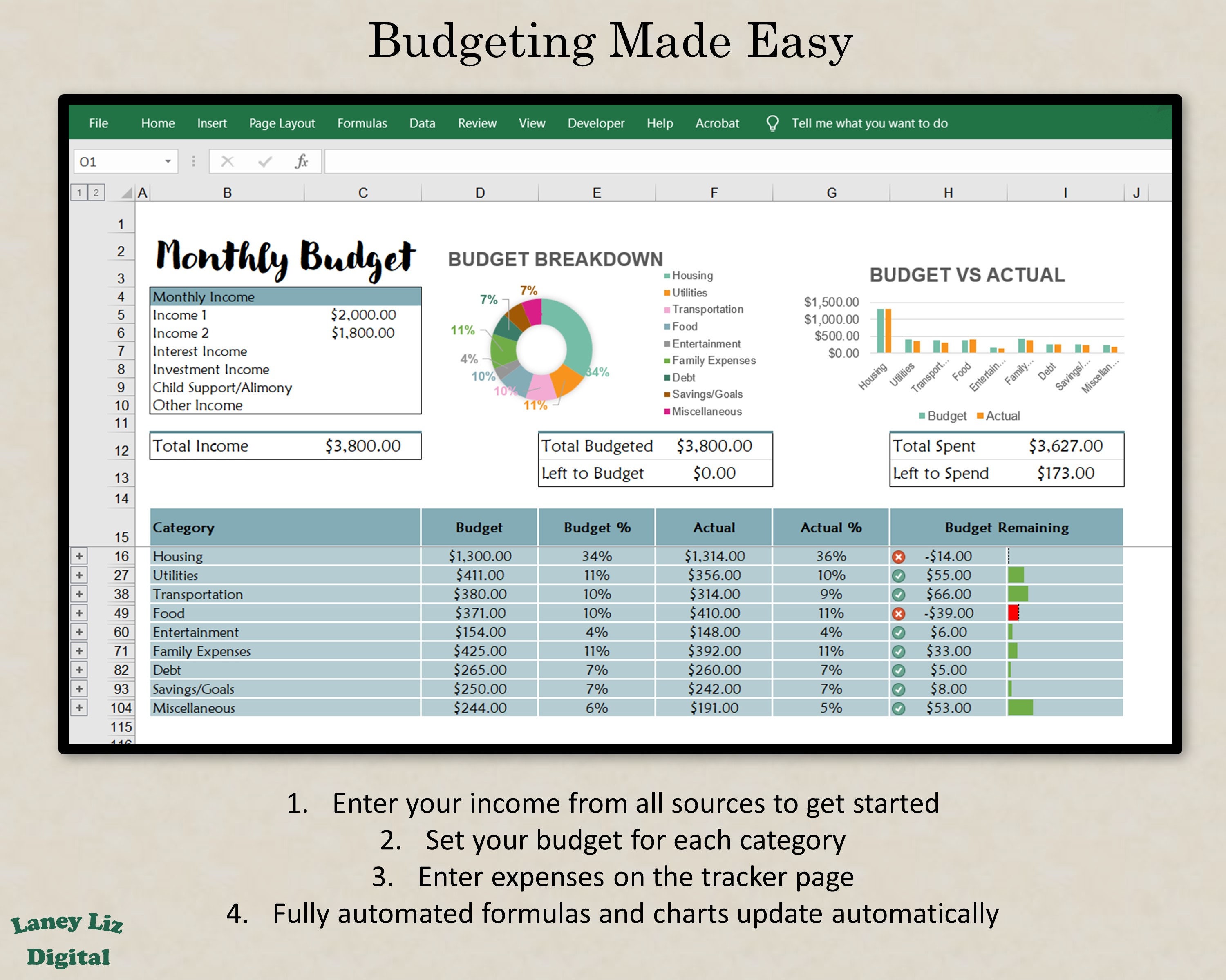 Monthly Budget Template - MS Excel | Budget Spreadsheet - Etsy