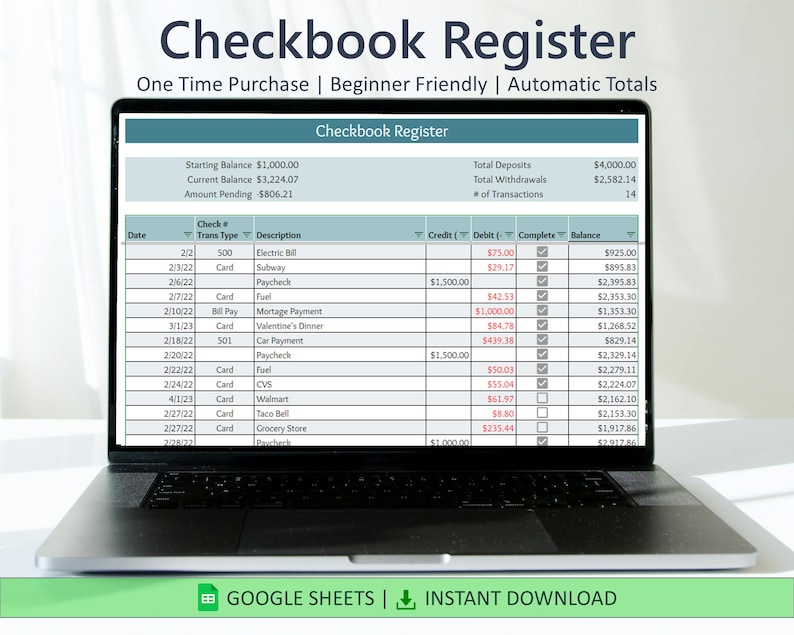 Digital Checkbook Register - Google Sheets | Checkbook Template - Etsy