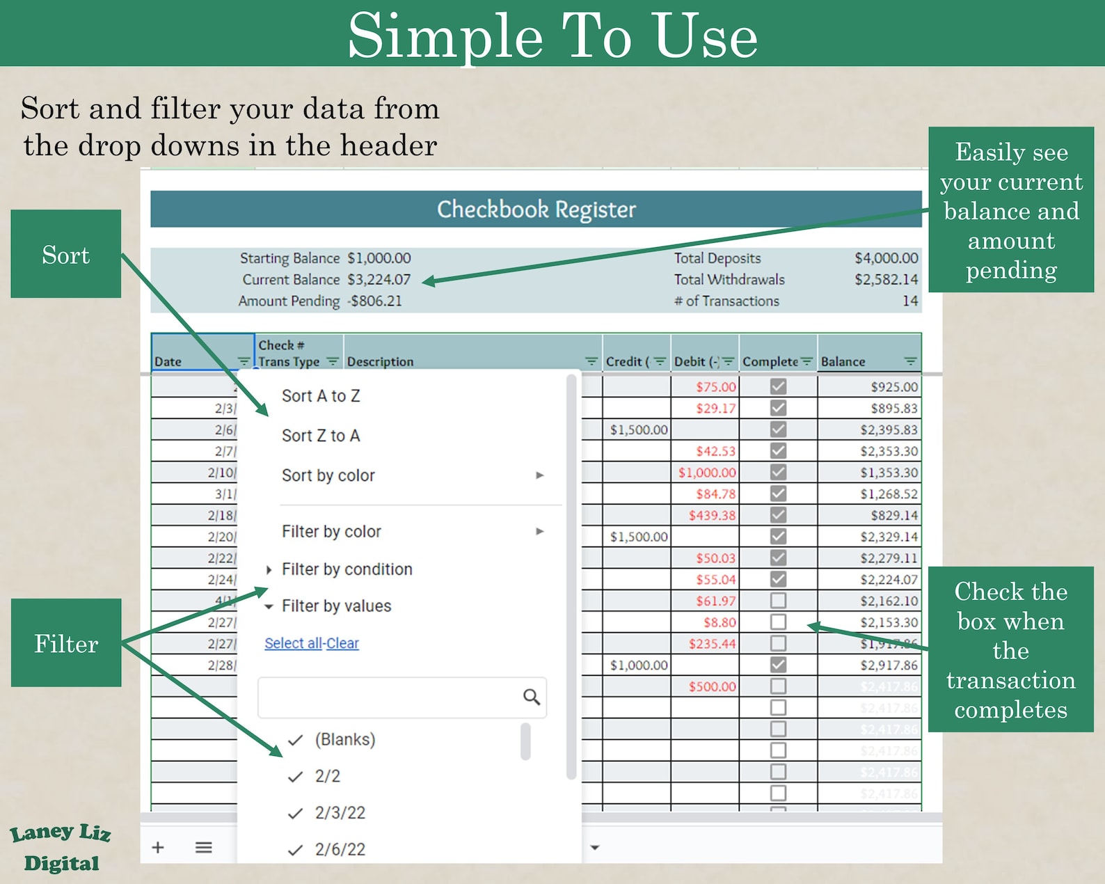 Digital Checkbook Register - Google Sheets | Checkbook Template - Etsy