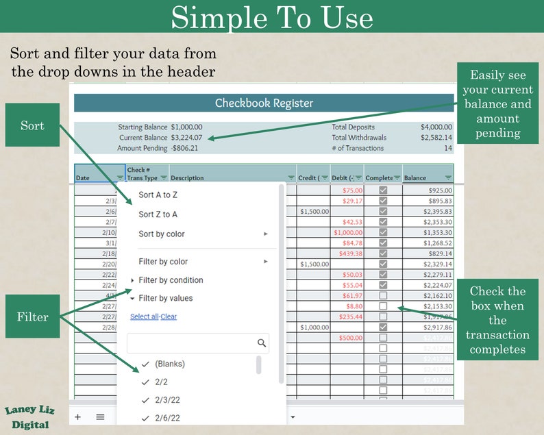 Digital Checkbook Register - Google Sheets | Checkbook Template - Etsy
