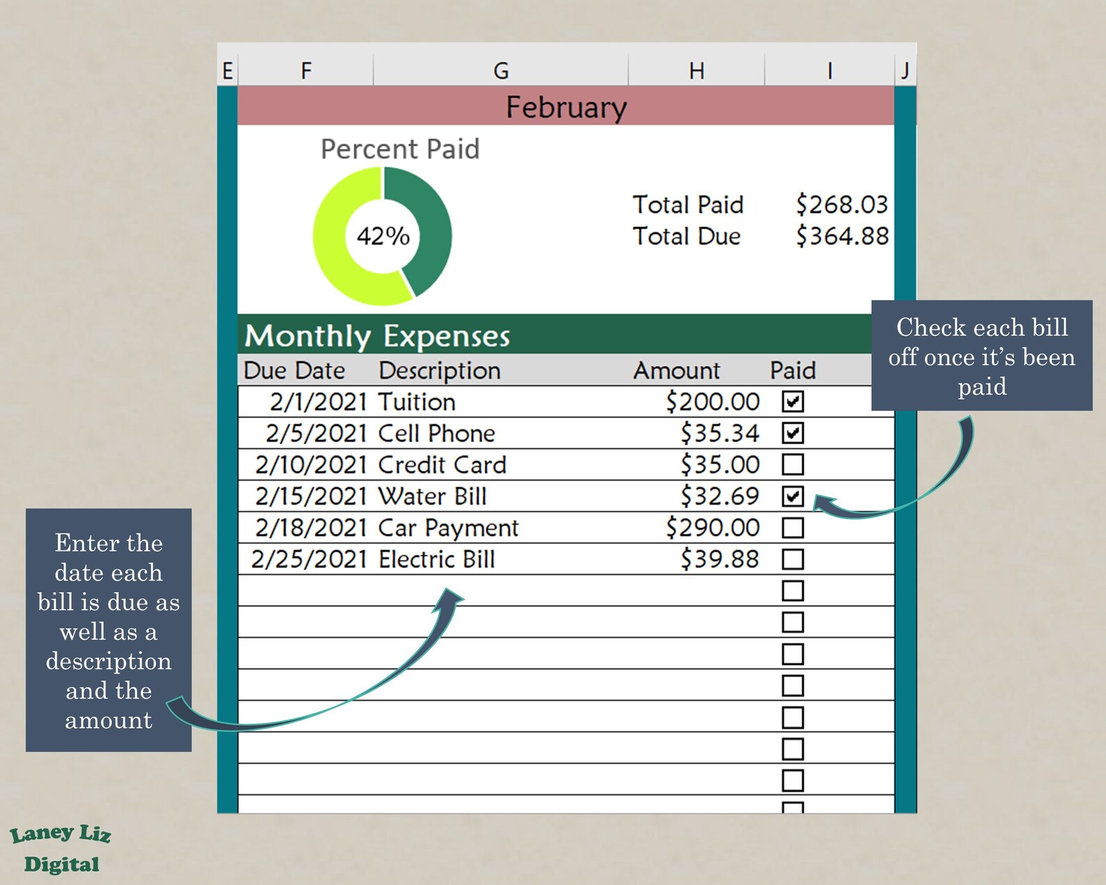 EXCEL Bill Payment Tracker 50 Lines | Monthly Bill Checklist | Spending ...