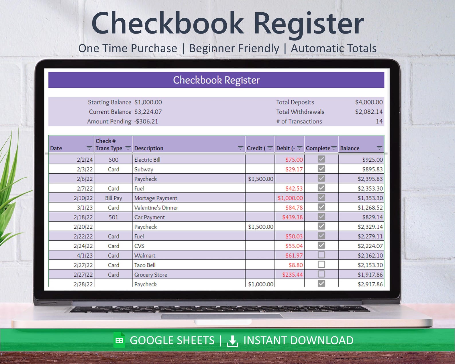 Digital Checkbook Register Google Sheets | Budget & Expense Tracker ...