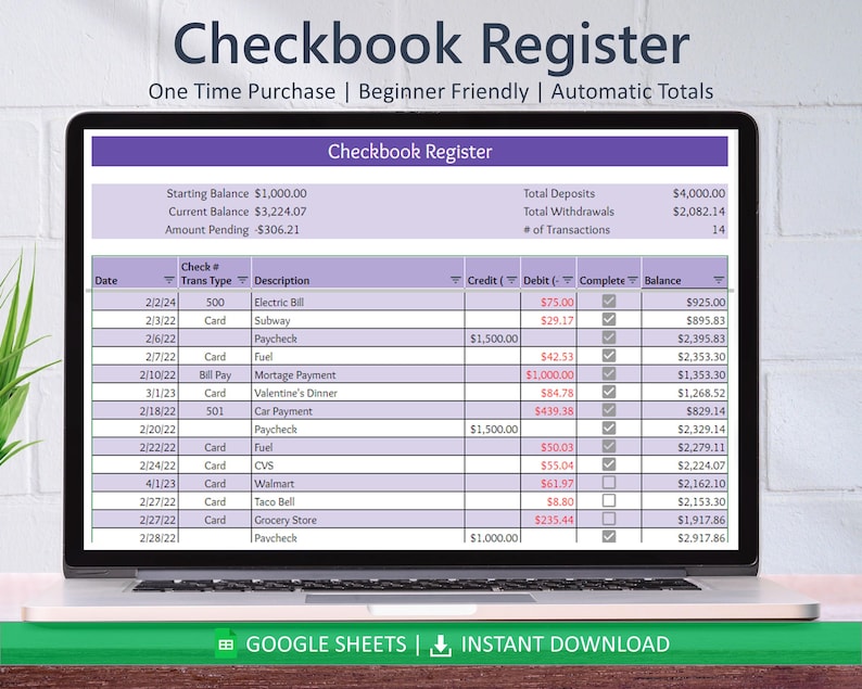 Digital Checkbook Register Google Sheets | Budget & Expense Tracker ...