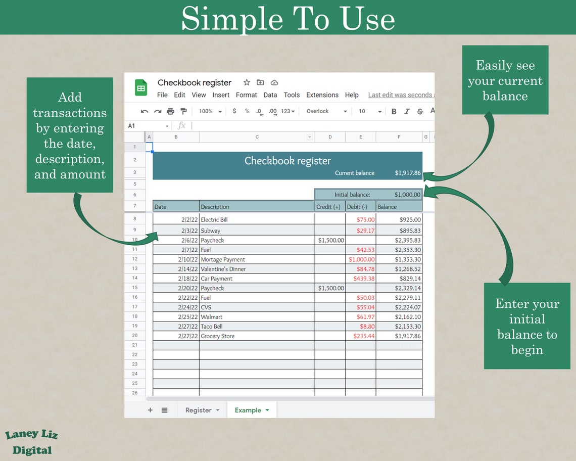 Digital Checkbook Register Google Sheets Checkbook - Etsy