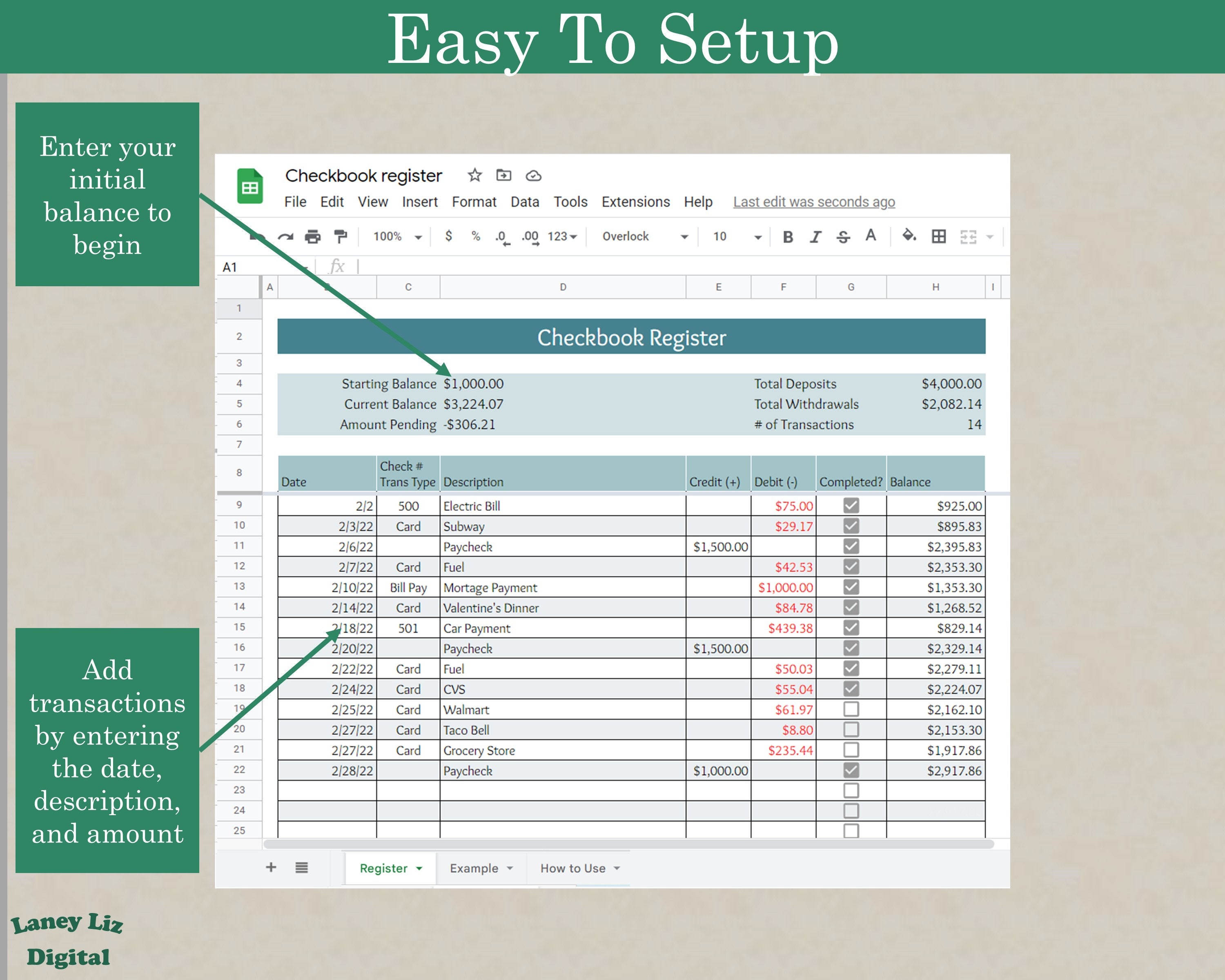 Digital Checkbook Register Google Sheets Checkbook Template - Etsy