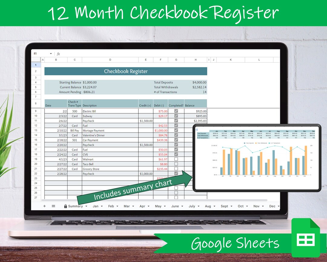 Digital Checkbook Register - Google Sheets | Checkbook Template - Etsy