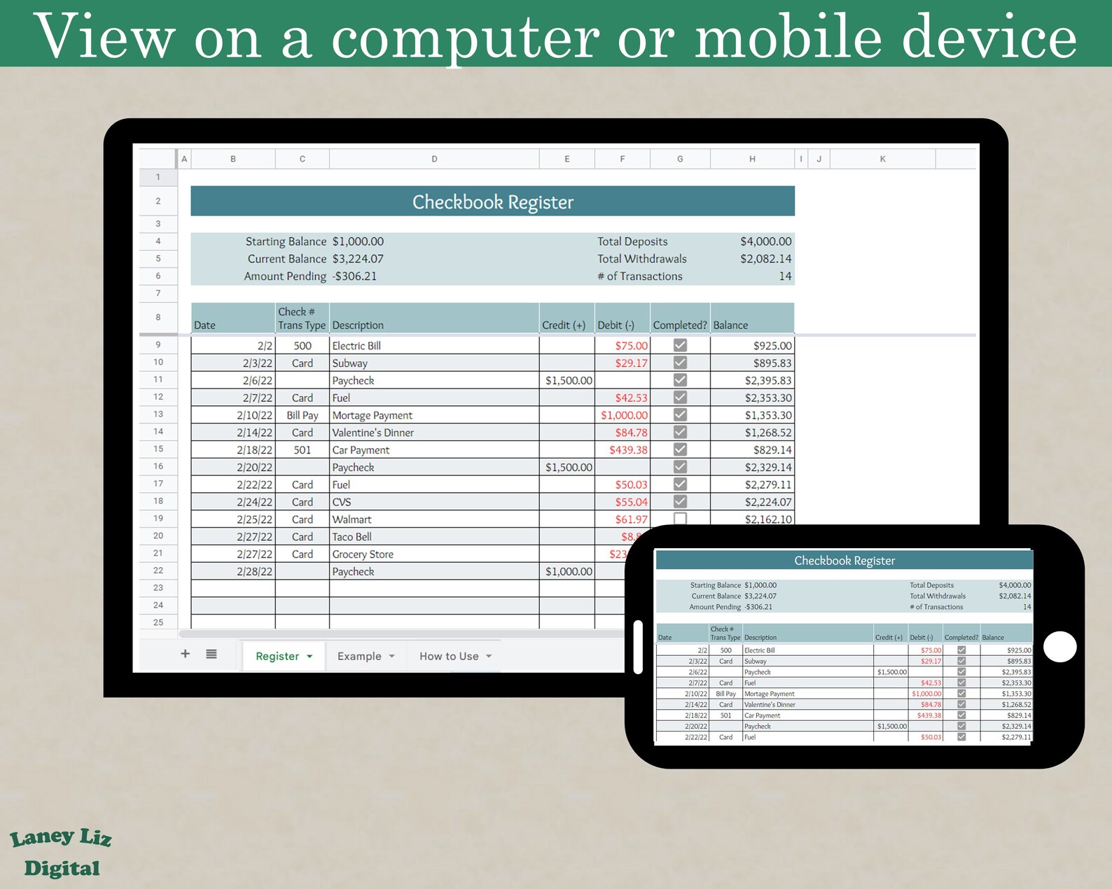 Digital Checkbook Register Google Sheets Checkbook - Etsy