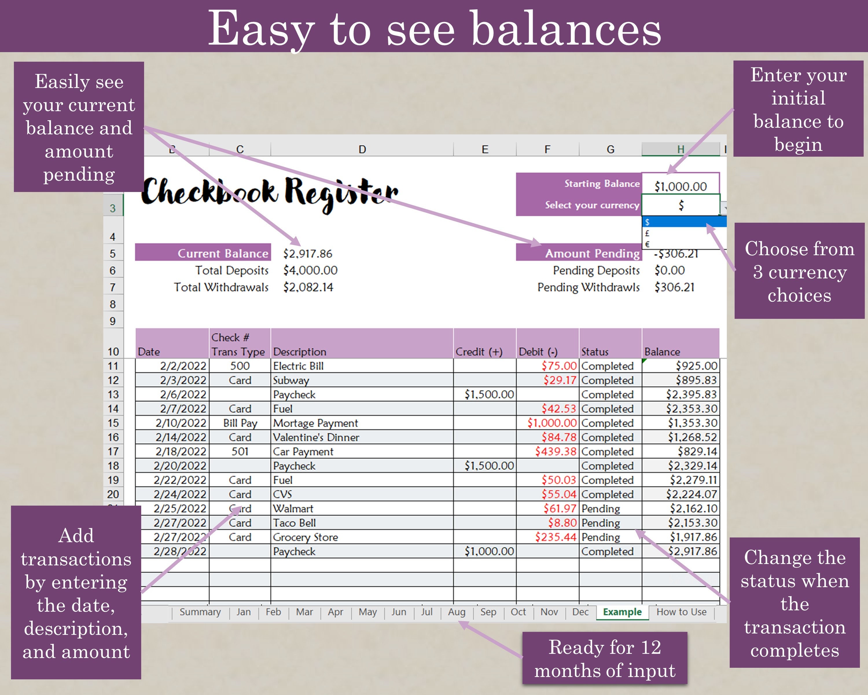 Digital Checkbook Register - MS Excel | Checkbook Template - Etsy