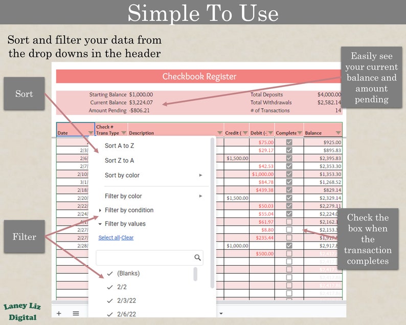 Digital Checkbook Register - Google Sheets | Checkbook Template - Etsy