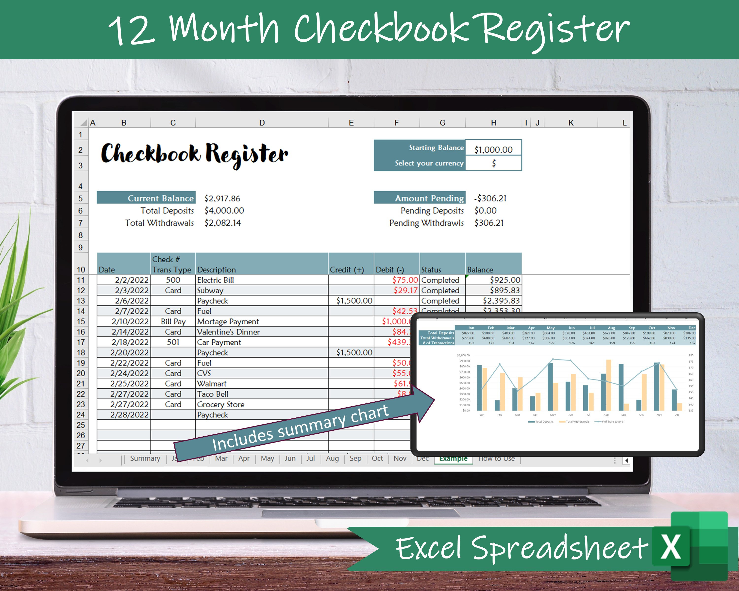 Digital Checkbook Register - MS Excel | Checkbook Template - Etsy