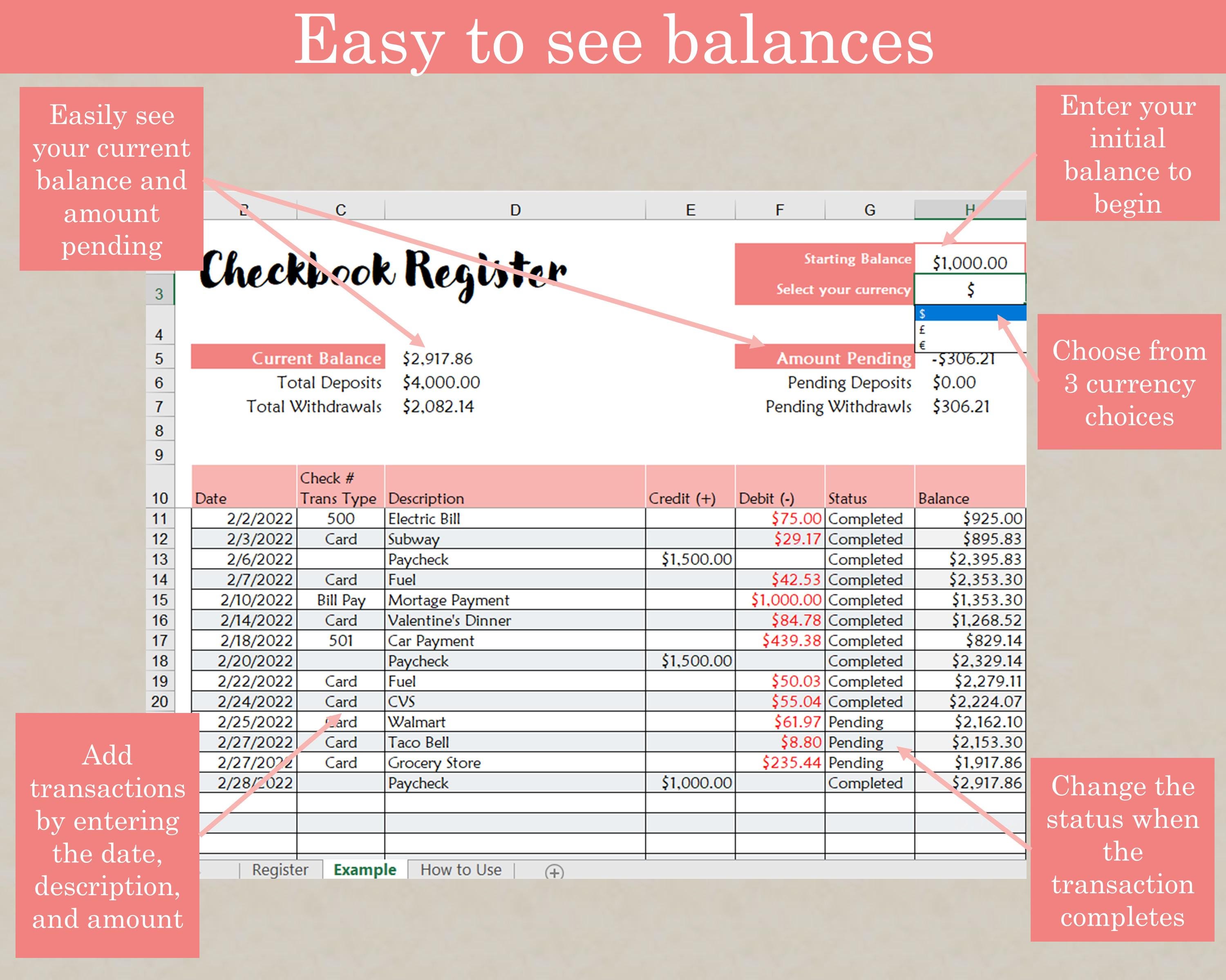 Digital Checkbook Register - MS Excel | Checkbook Template - Etsy