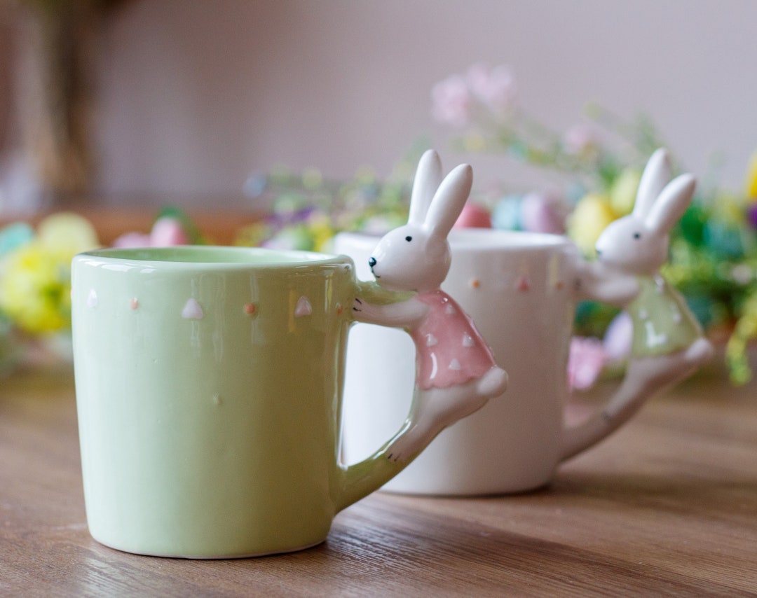 Ceramic Easter Mug With Bunny Handle | Green or White | Adorable Easter ...