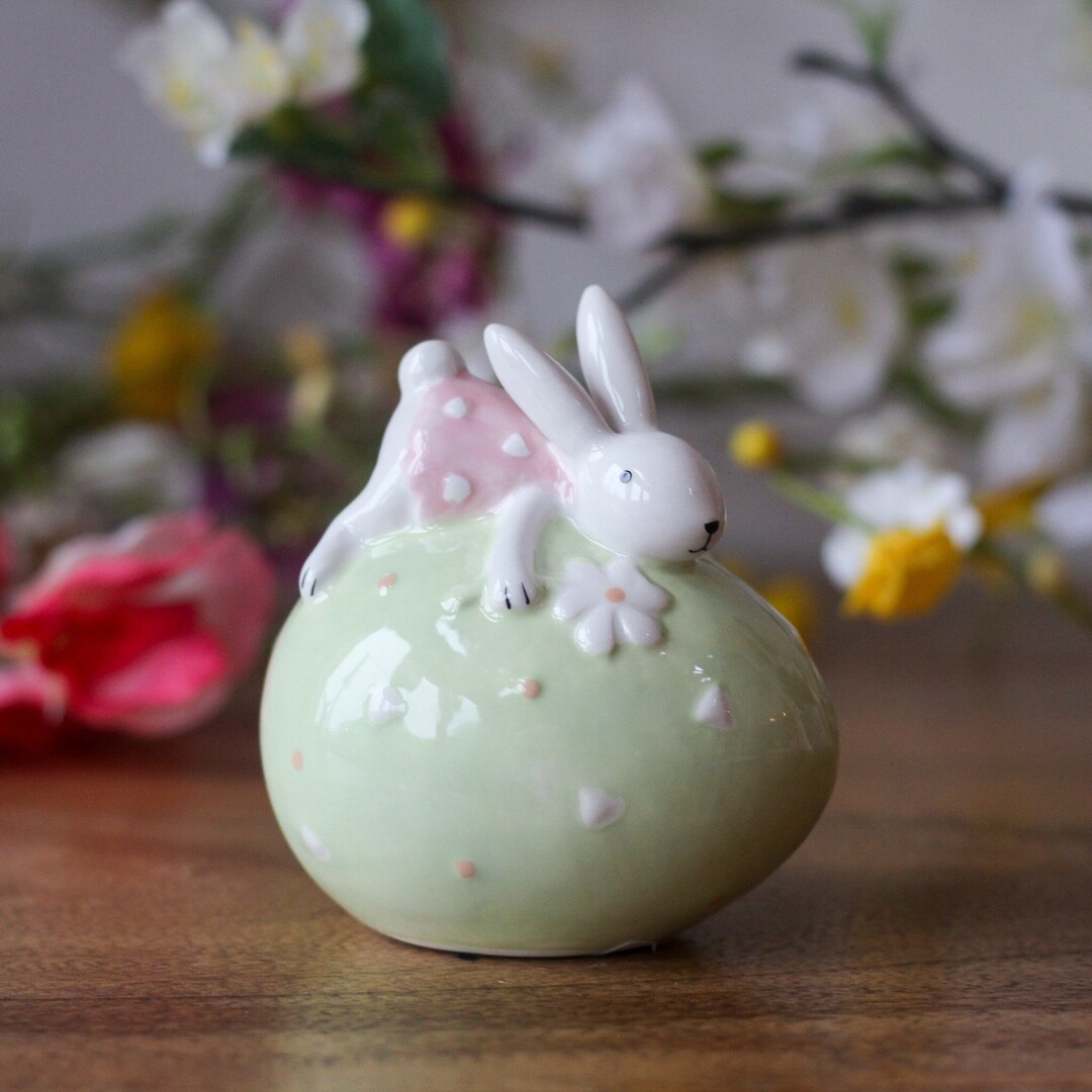 Ceramic Bunny on Green Spotty Egg Ornament | Cute Easter Décor - Etsy UK