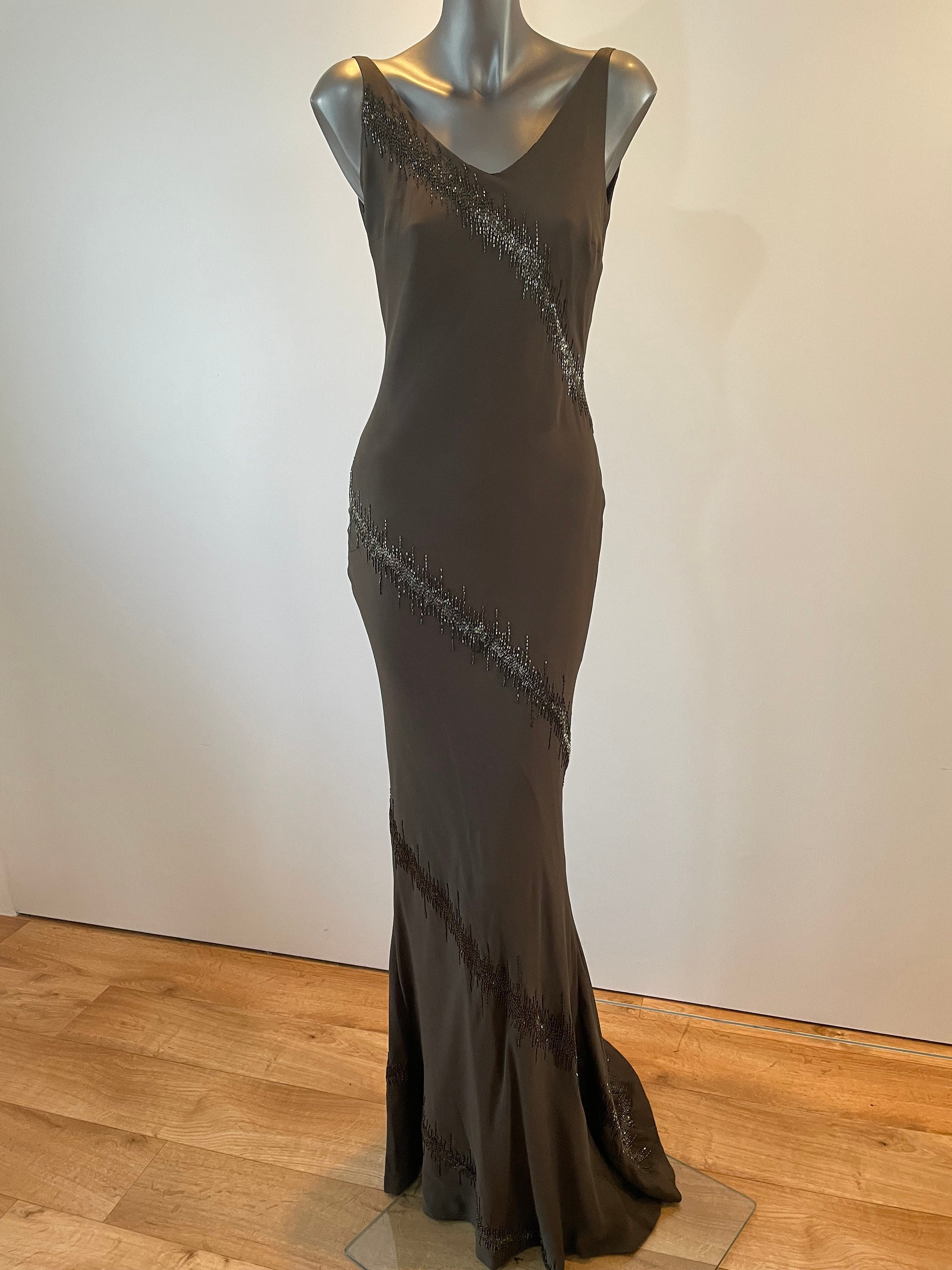 Caroline Holmes - Chocolate Beaded Bias Cut Gown With V Neck and Low V ...
