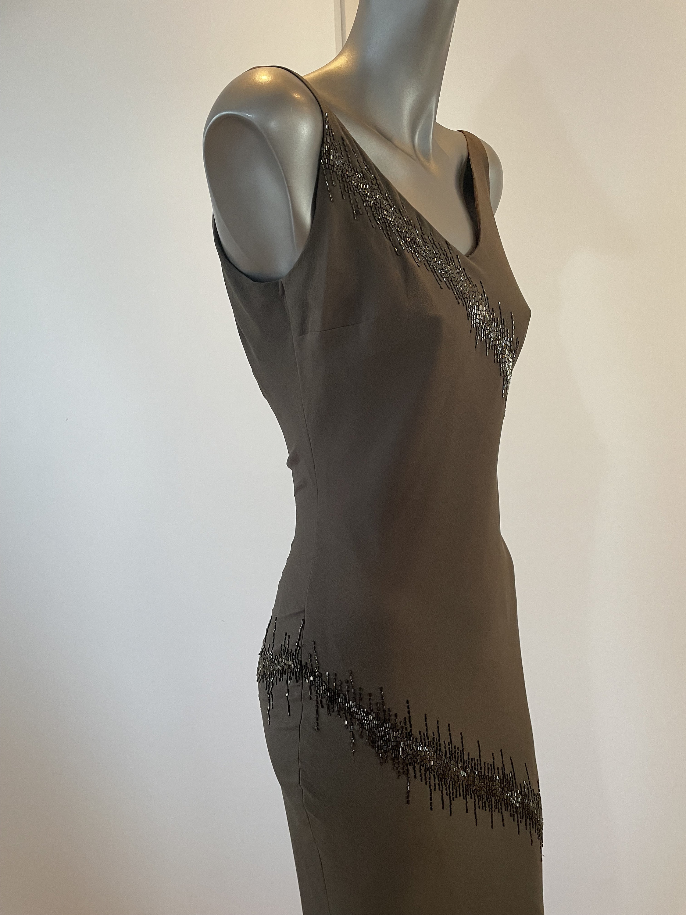 Caroline Holmes - Chocolate Beaded Bias Cut Gown With V Neck and Low V ...