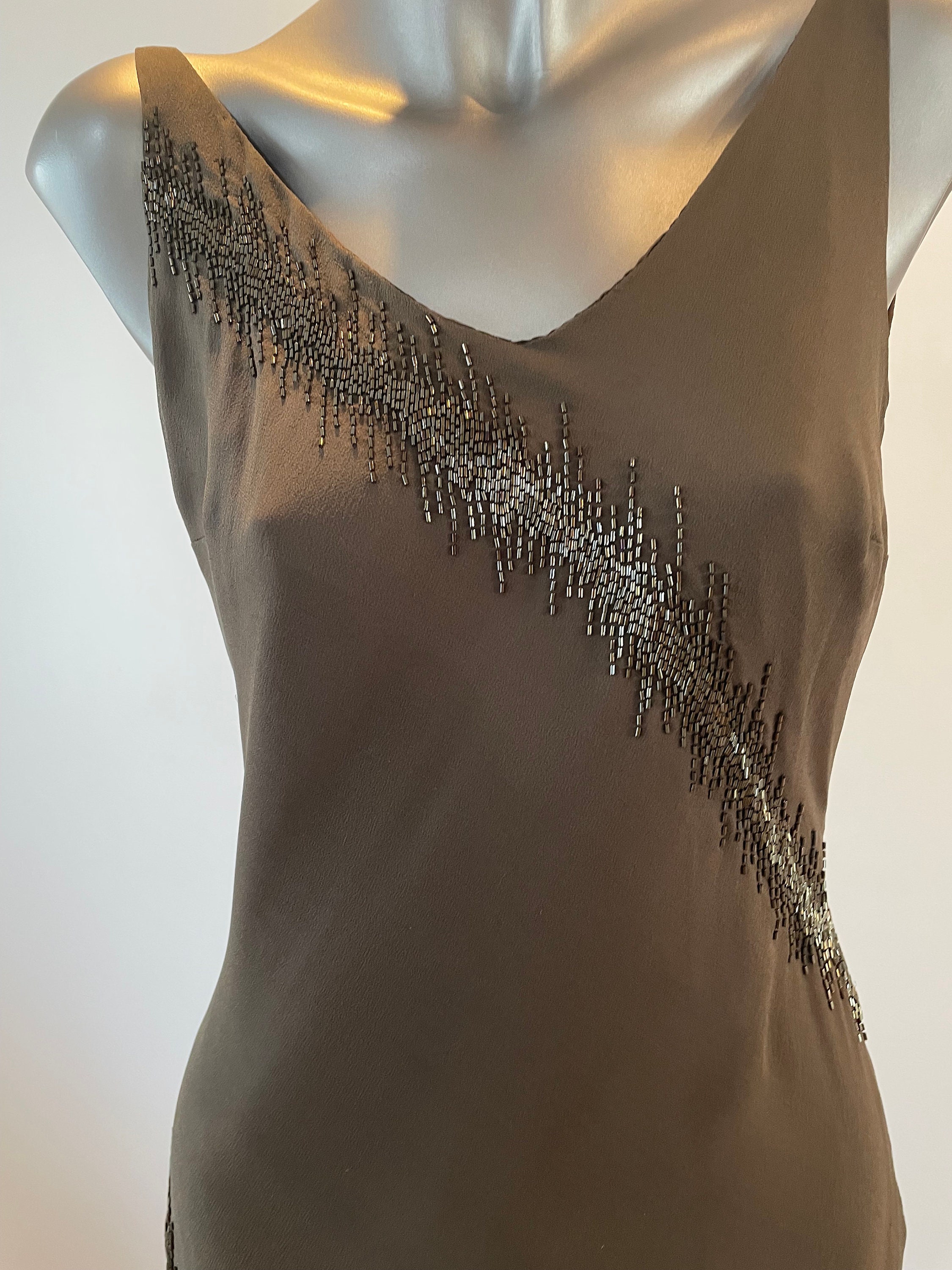 Caroline Holmes - Chocolate Beaded Bias Cut Gown With V Neck and Low V ...