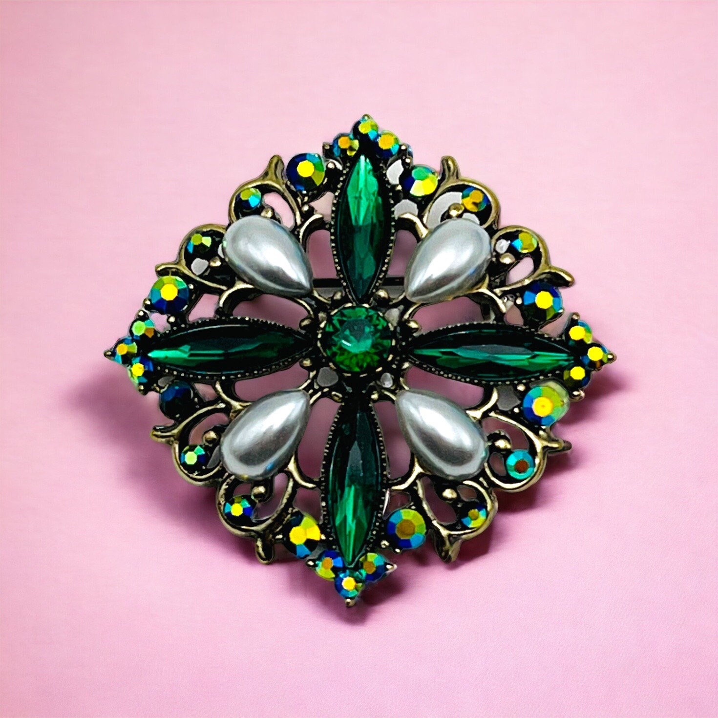 Emerald Pearl Brooch Pin Elegant Green Rhinestone Jewelry - Etsy