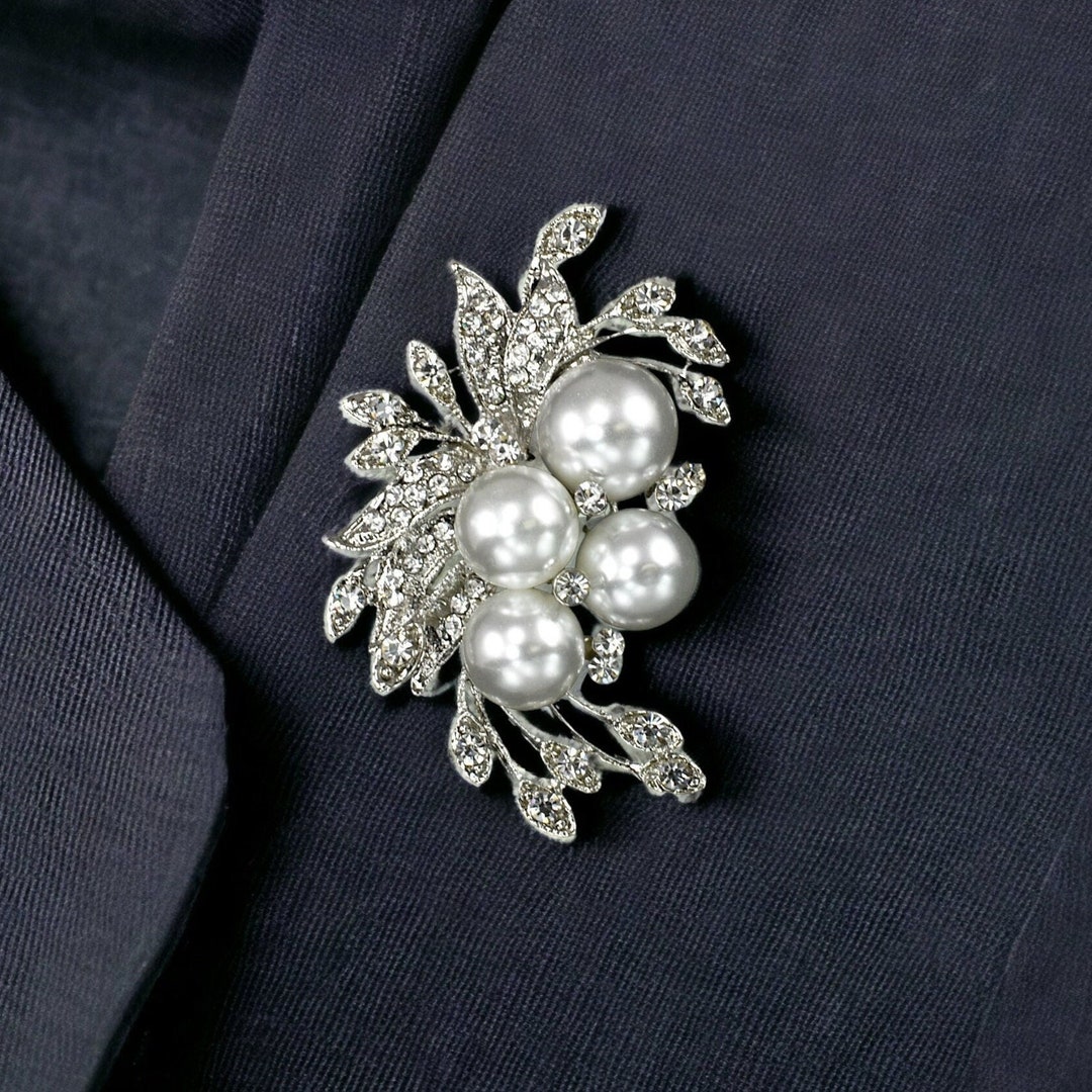 Vintage Pearl Brooch Silver Rhinestone Formal Pearl Jewelry Gift ...