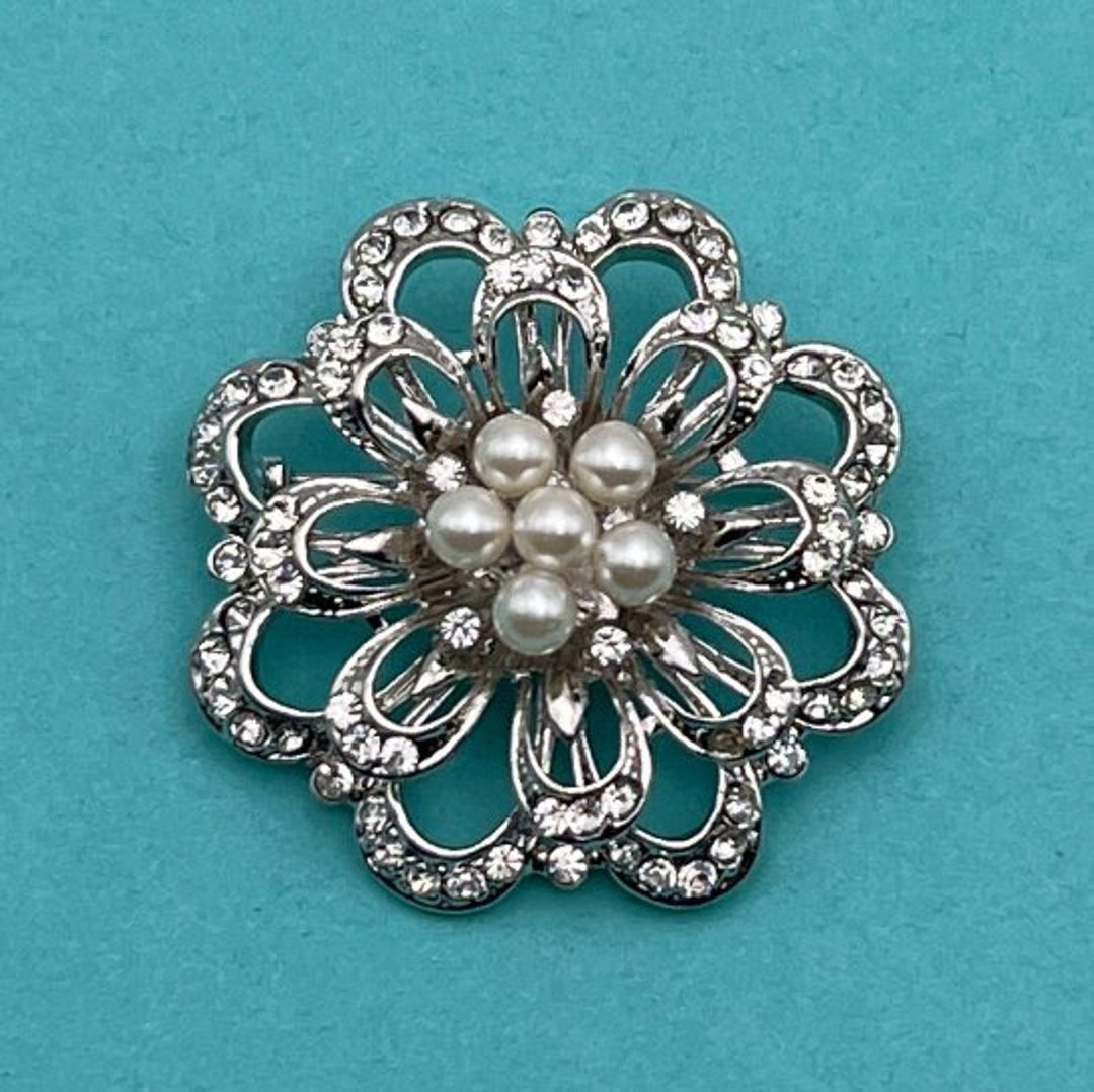 Lovely Floral Brooch Pin, Small Formal Pearl Statement Pin, Sparkling ...