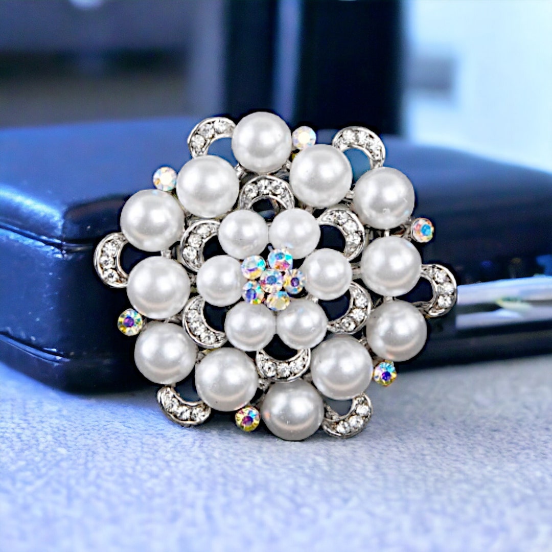 Pearl Brooch Pin Sparkling Iridescent Rhinestone Accessory Gift for Her ...