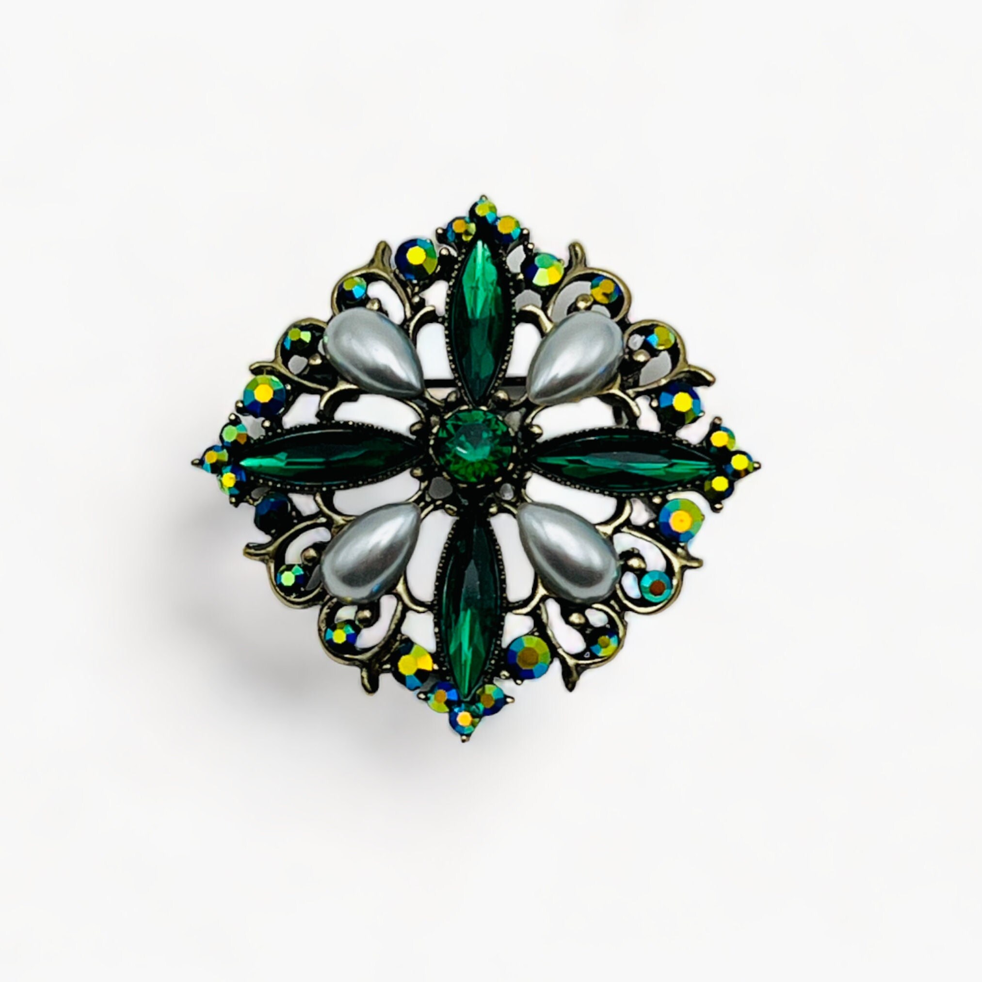 Emerald Pearl Brooch Pin Elegant Green Rhinestone Jewelry - Etsy