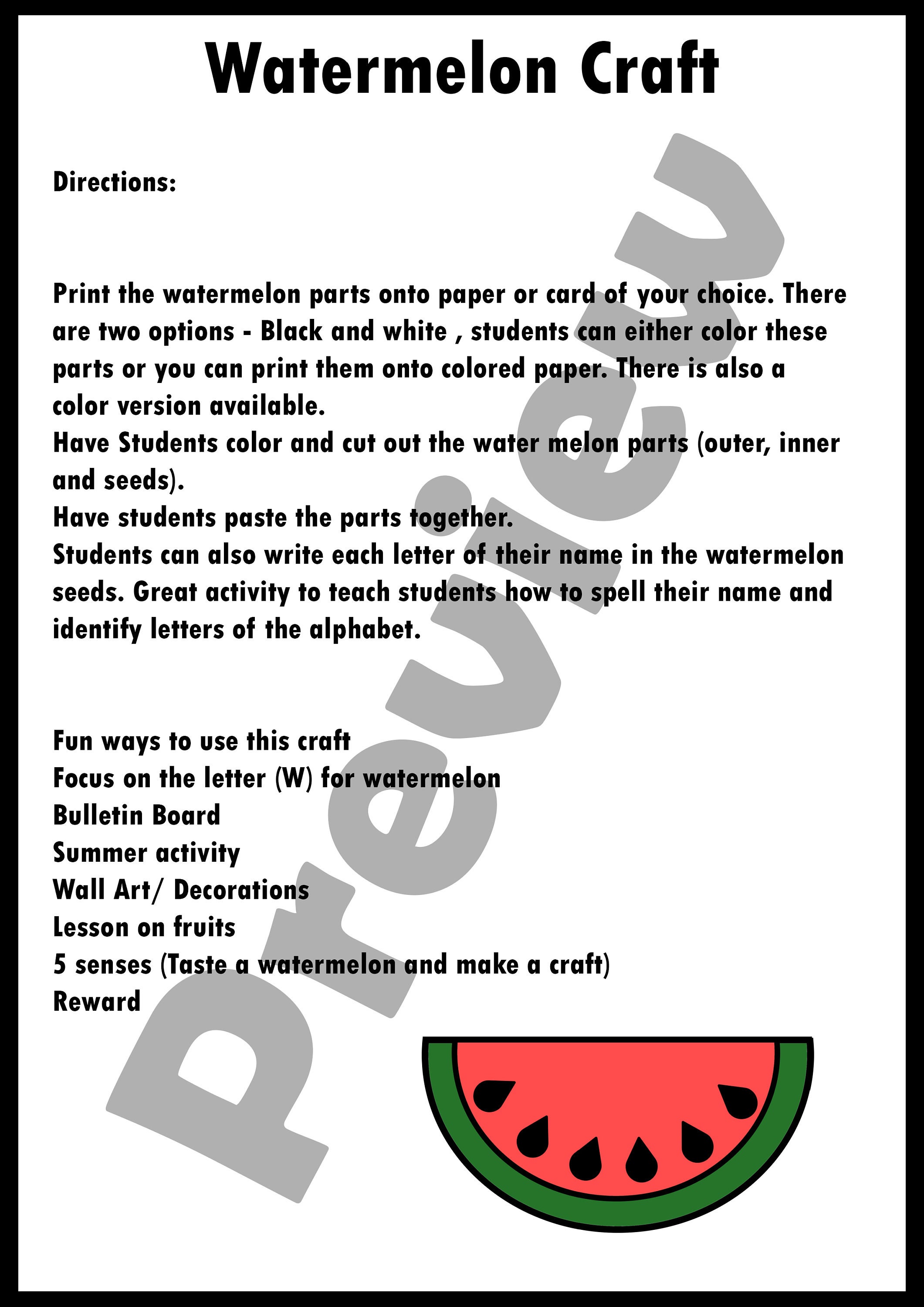 Watermelon Craft / Summer Activity / Last Day of School / End of Year ...