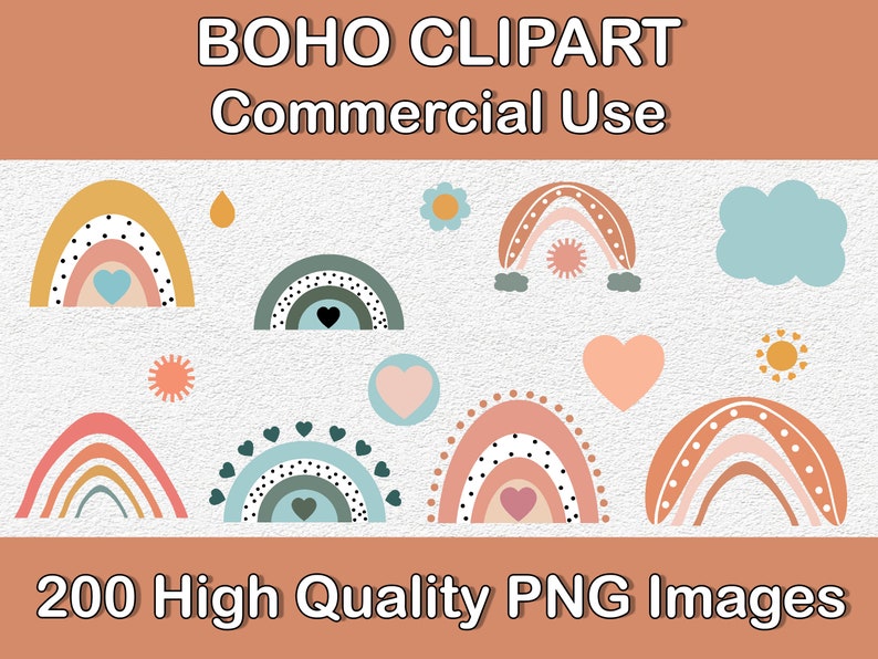 BOHO Rainbow Clipart, BOHO Rainbow Clip Art, Commercial Use Clipart ...