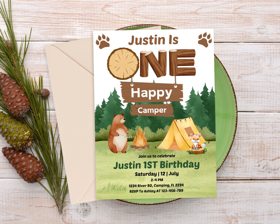 One Happy Camper Invitation Camping Birthday Invite Camper Party First Birthday 1st Camping Bear ...
