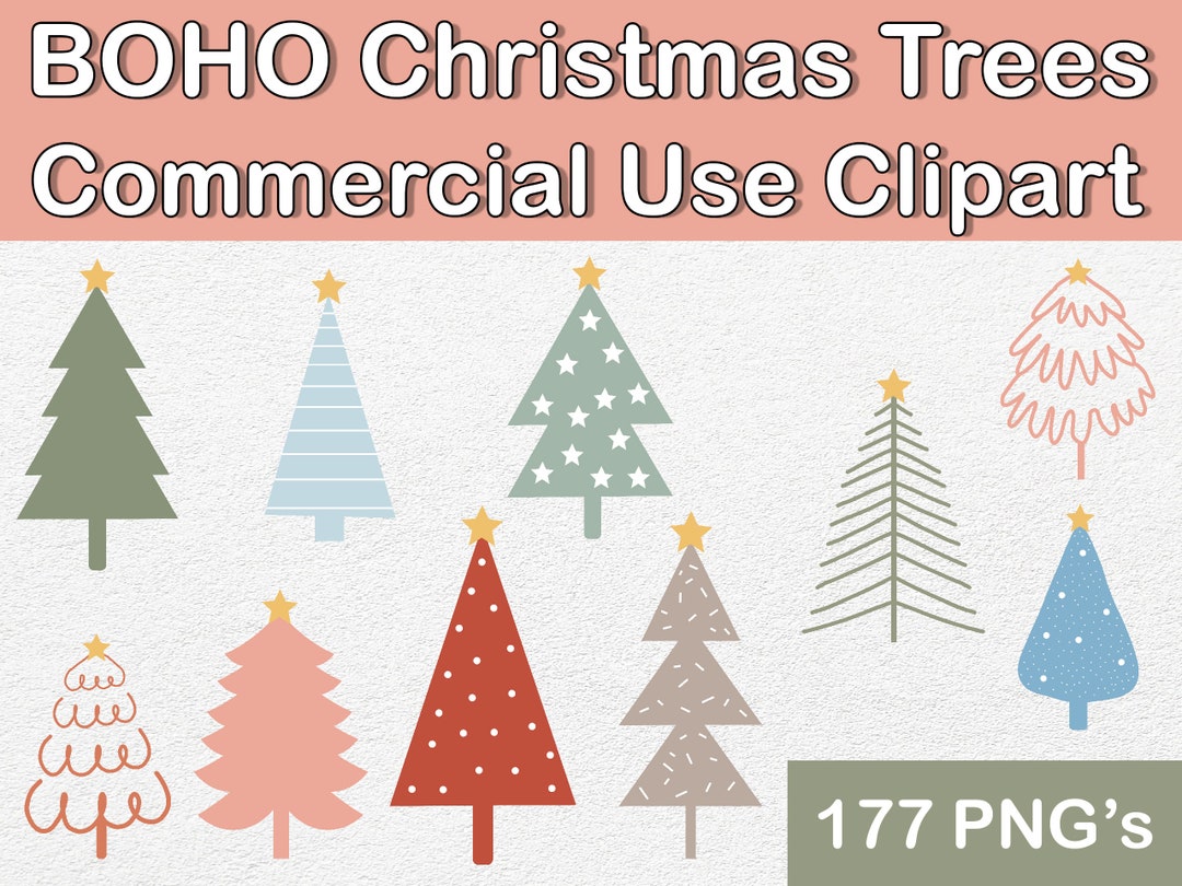 Boho Christmas Trees Clipart, Boho Christmas Clipart, Retro Christmas ...