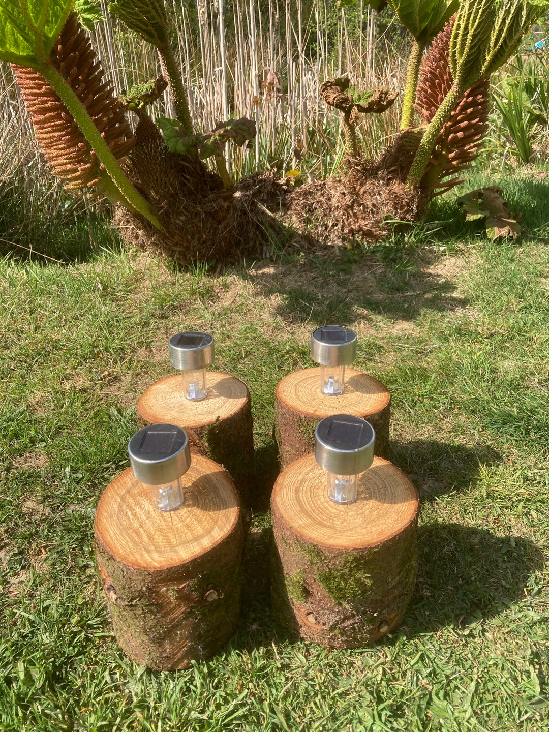 Rustic Round Log LED Solar Powered Garden Lights Outdoor Patio ...