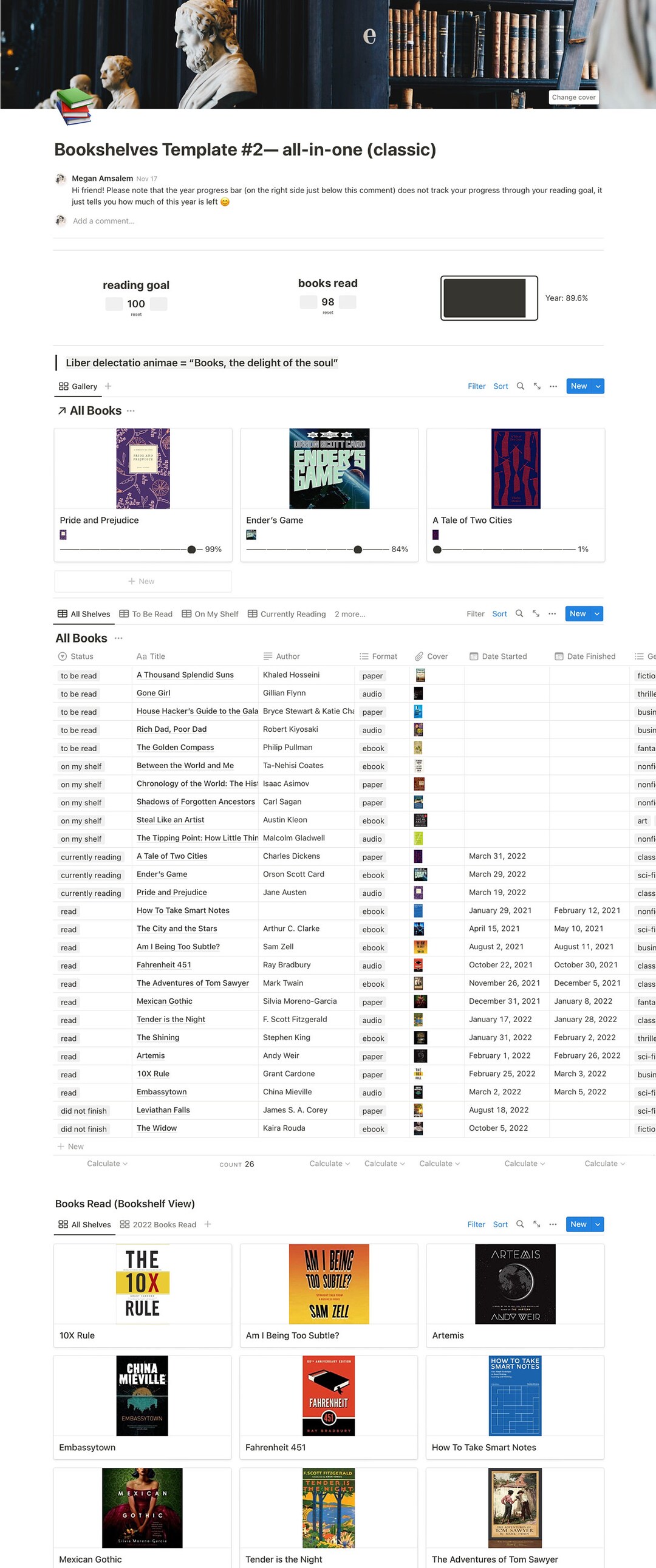 All-in-one Bookshelves Notion Template | Classic Aesthetic Book Tracker ...