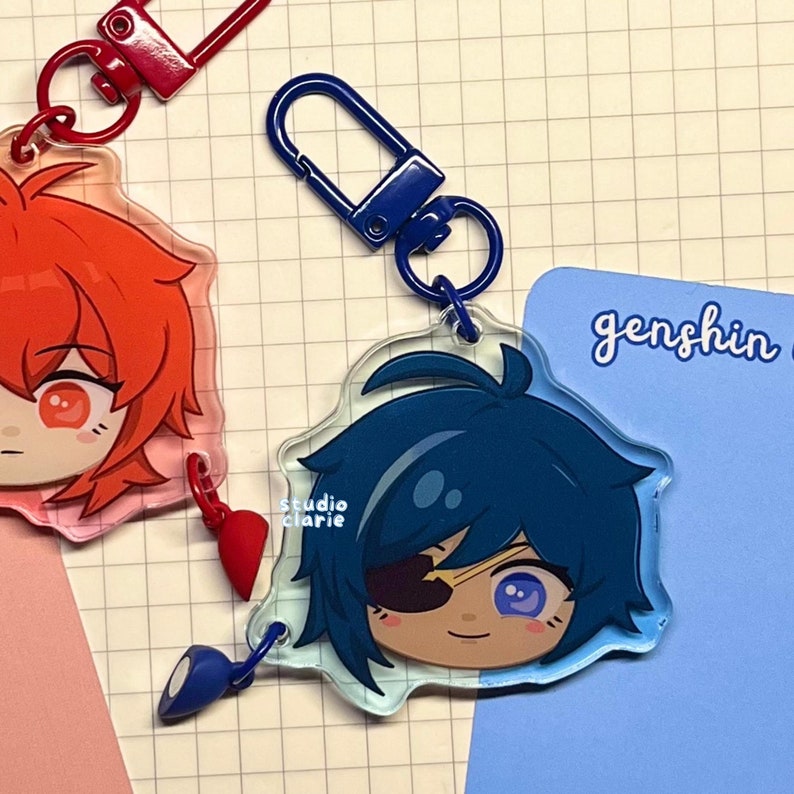 Genshin Impact Diluc & Kaeya Matching Keychain, Best Friend Gift, Heart ...