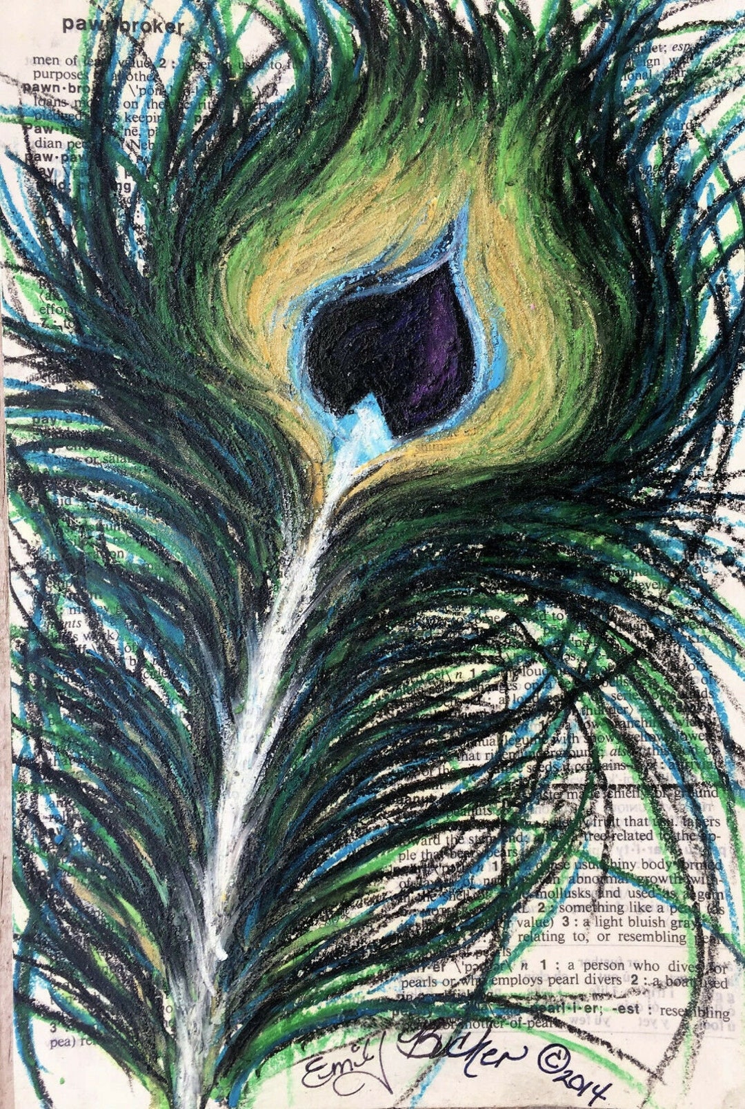 Peacock Feather Pastel Drawing | Altered, Reconstructed Dictionary Book ...