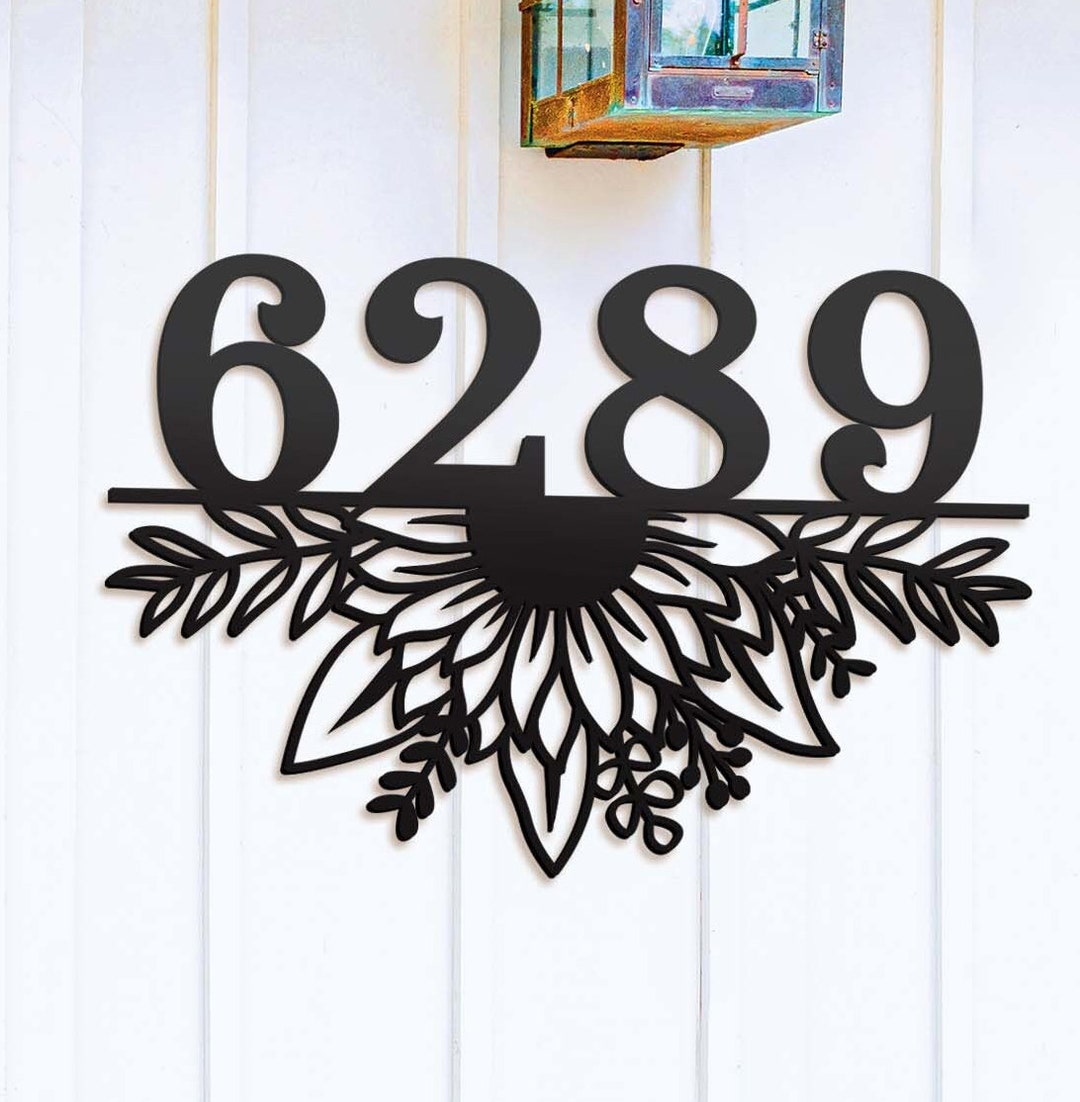 House Number Sign With Floral Accents, Modern Address Sign, Address ...