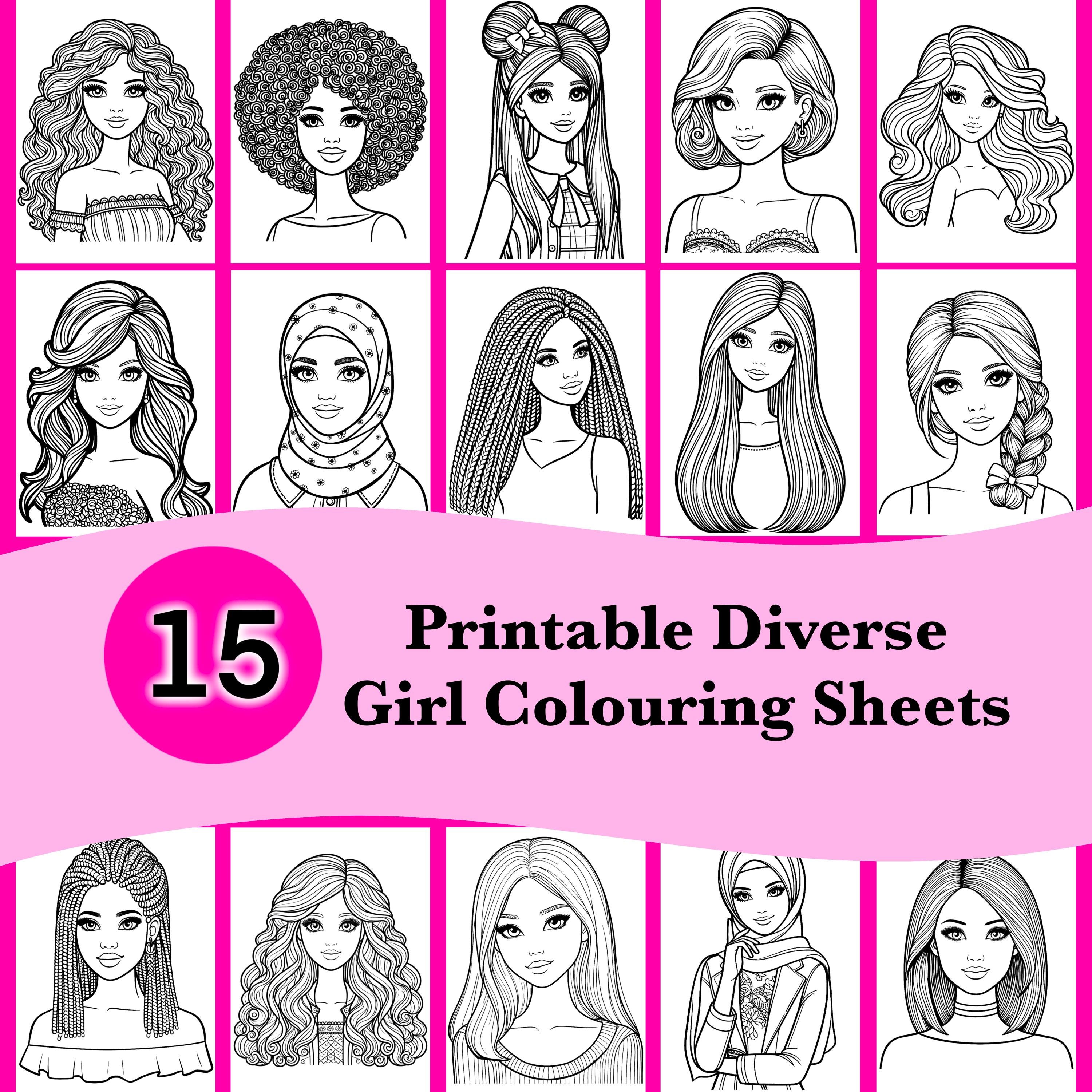 15 Girl Coloring Book Pages: Diverse Pretty Girls, Printable, Creative ...