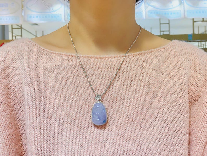 Certified Type A Icy Pale Purple Jadeite Ruyi Pendant - Inlaid in 18K ...