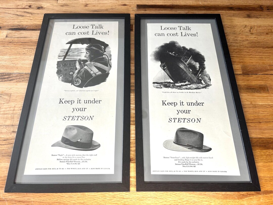 Set of 2 Framed Vintage 1940s WW2 Military Themed Stetson Hats ...