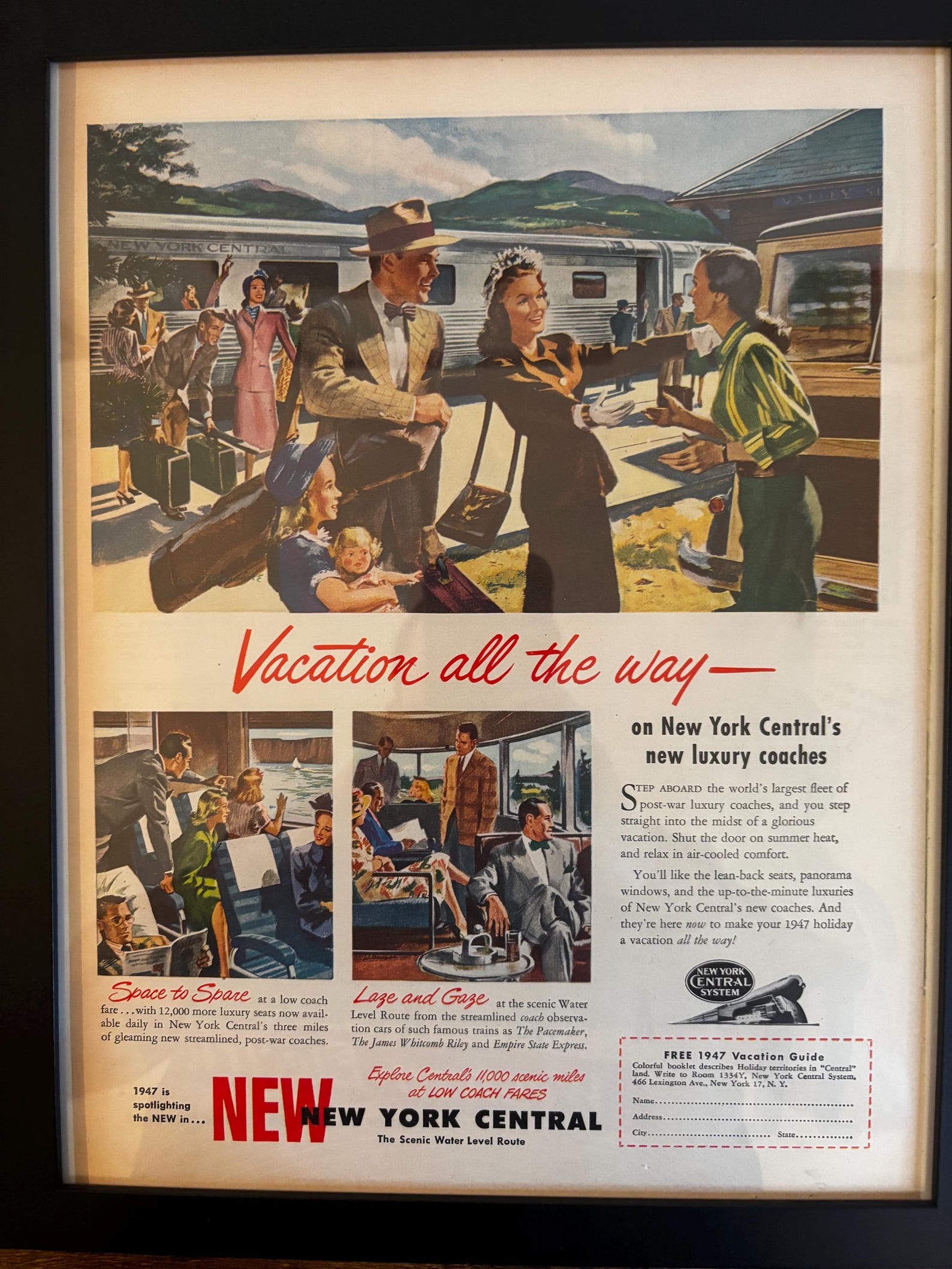 Framed Vintage 1947 New York Central Railroad Advertisement - ‘’luxury ...