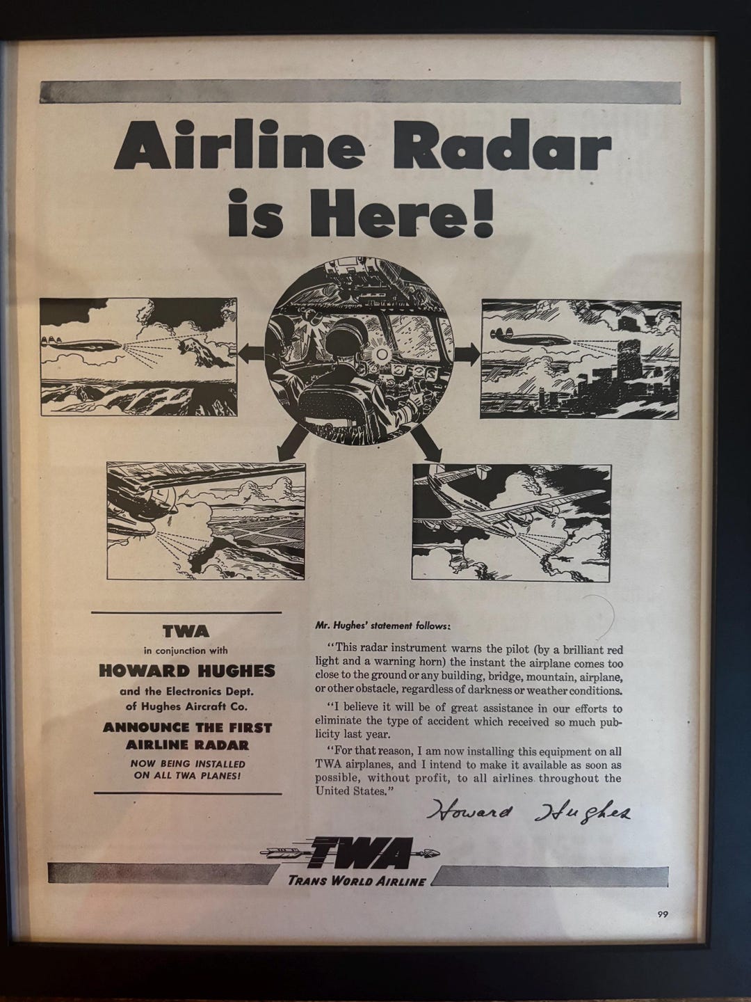 Framed Vintage 1947 TWA Airlines Advertisement *airline Radar is Here ...