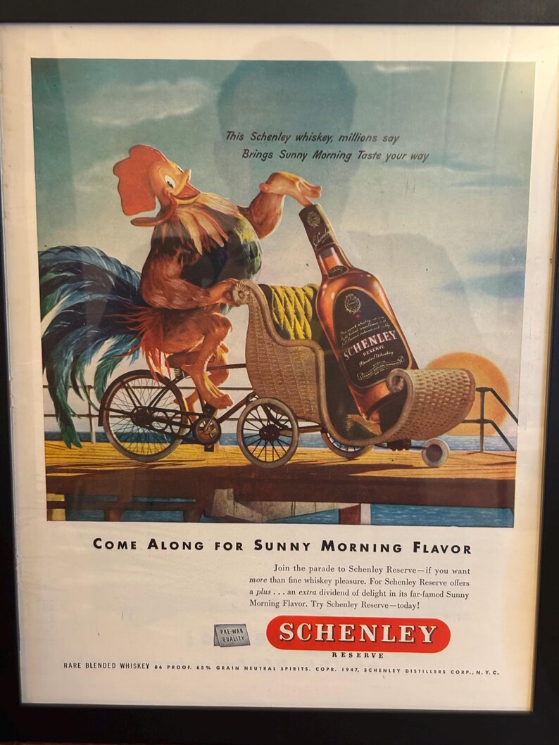 Framed Vintage 1947 Schenley’s Whiskey Advertisement *rooster Artwork ...