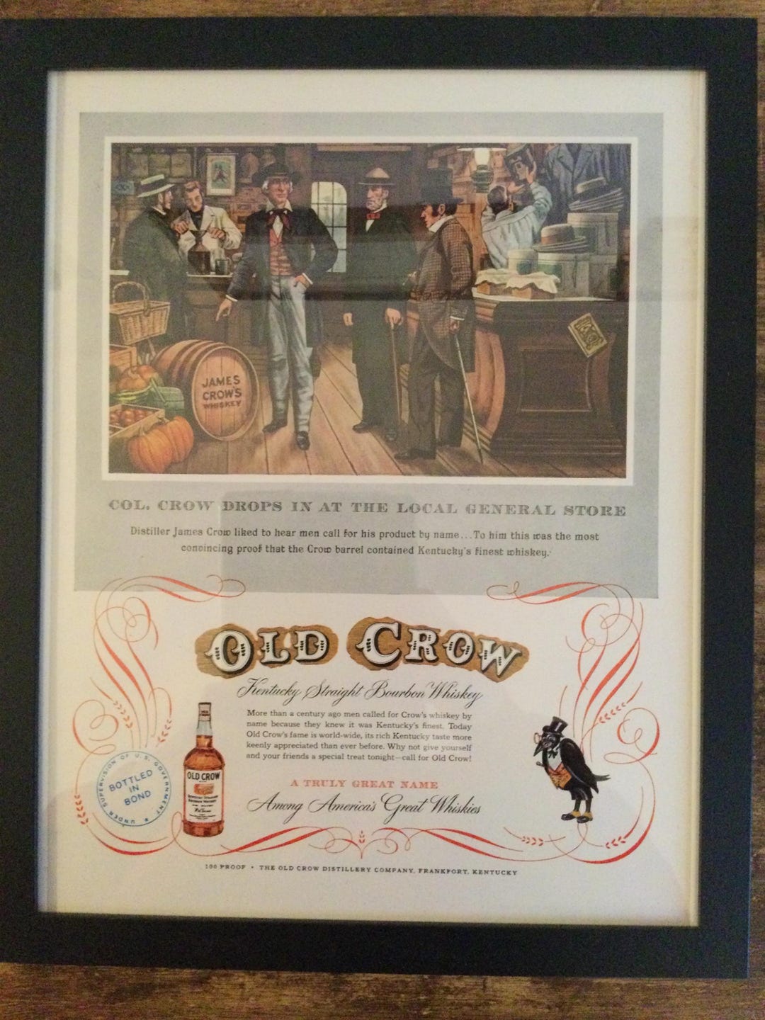 Framed Vintage 1952 Old Crow Bourbon Advertisement: Colonel Crow at the ...
