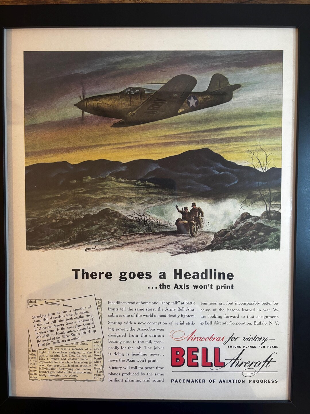 Framed Vintage 1943 WW2 Bell Aircraft Advertisement *army Airacobra ...
