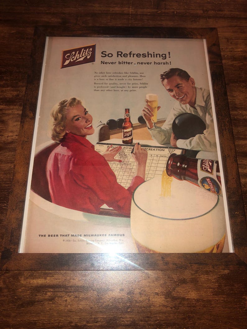 Framed Vintage 1956 Schlitz Beer Advertisement *bowling Theme - Etsy
