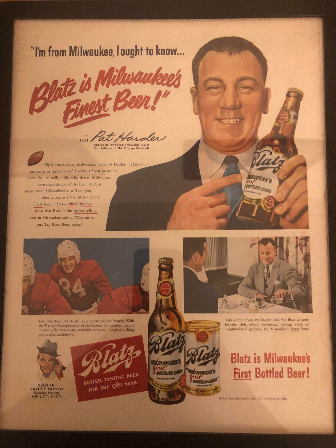 Framed 1949 Blatz Beer Ad From LIFE Magazine "milwaukee's First Bottled ...